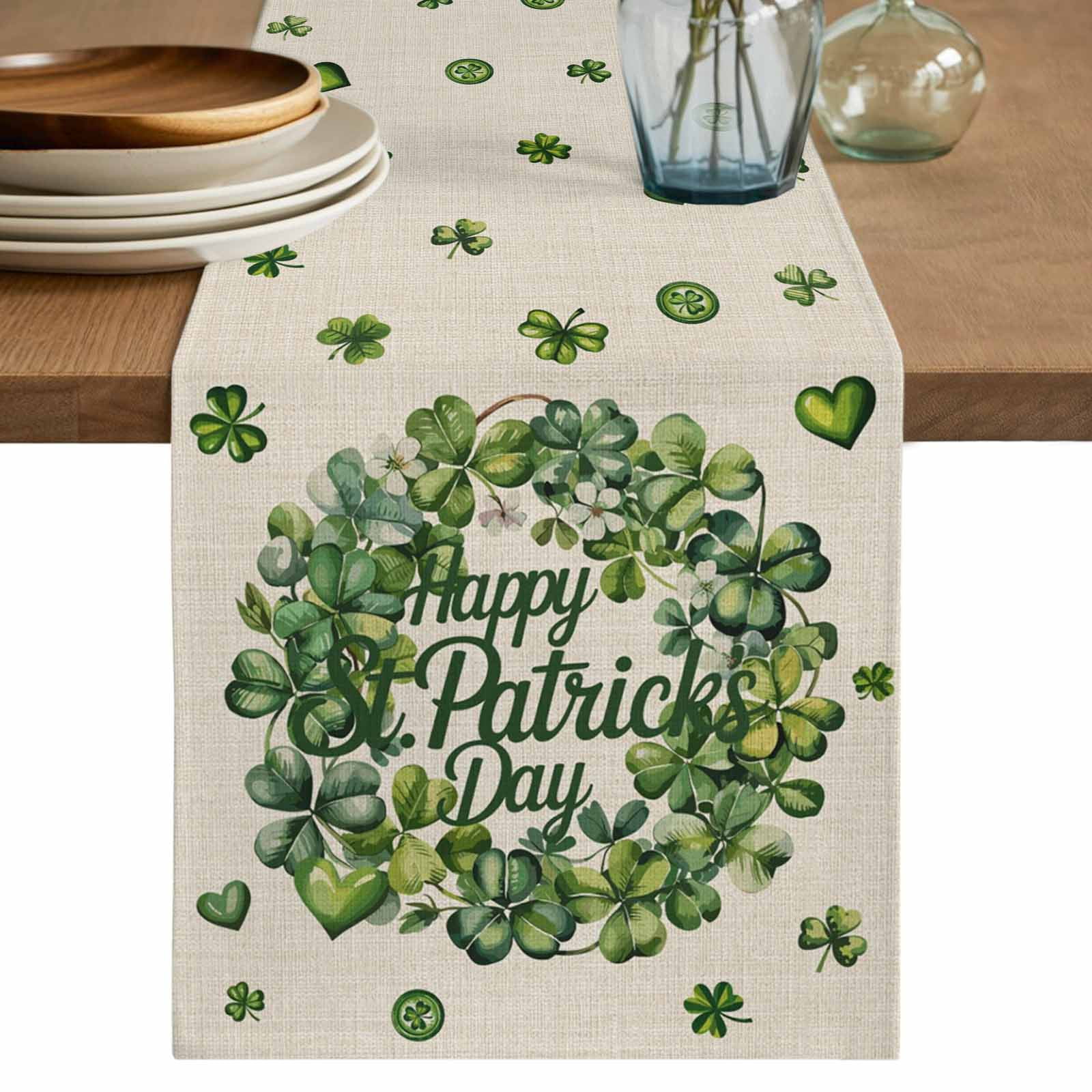 St Patrick's Day Table Runner, Green Shamrock Wreath Love Lucky Beige ...