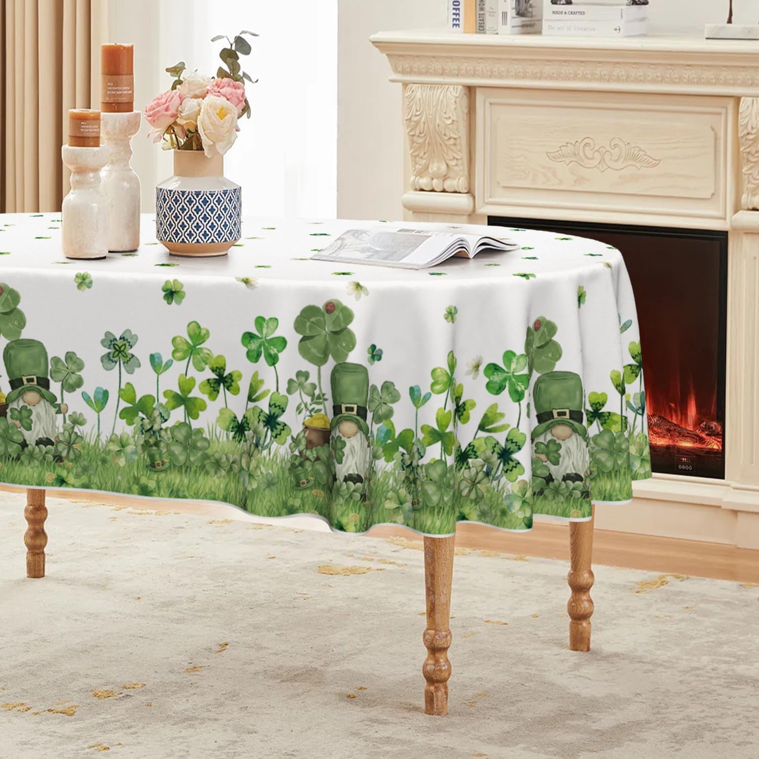 St. Patrick''s Day Tablecloth 60×84 Inch Oval, Green Shamrock Gnome ...