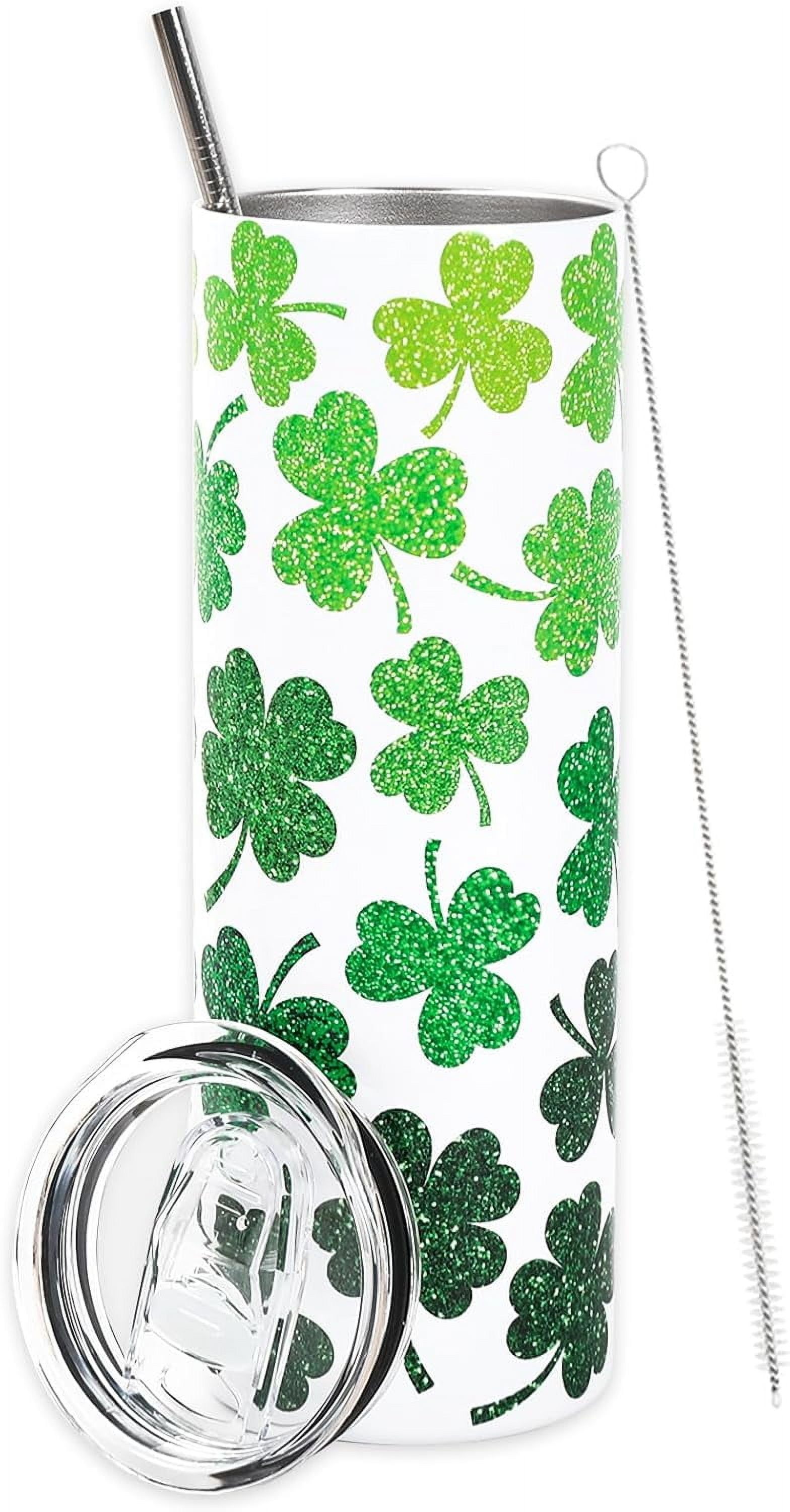 St. Patrick''s Day Tumbler with Lid and Straw Green Shamrock Stainless ...