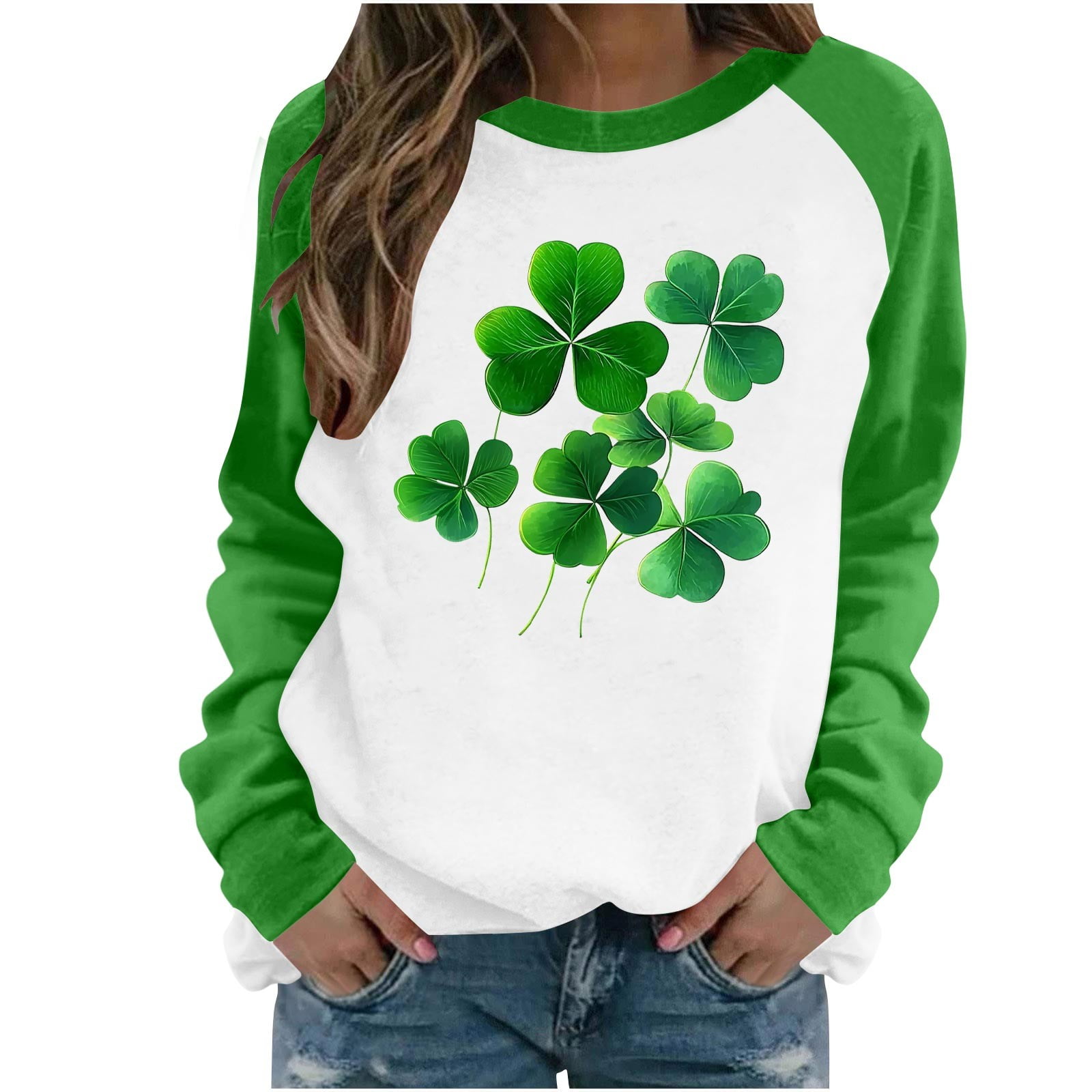 St. Patrick's Day Women's Raglan Sleeve Bow & Clover Print Crew Neck ...