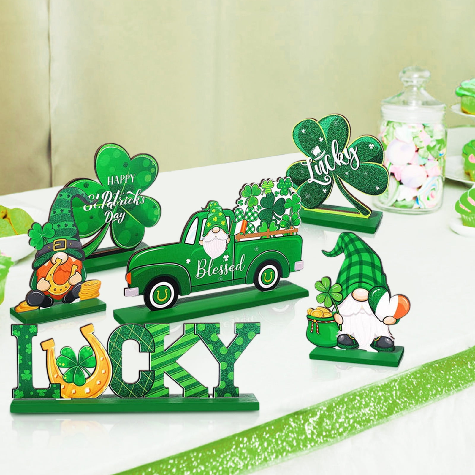 St. Patrick's Day Wood Tabletop Decorations, Set 6 Pieces Shamrock ...