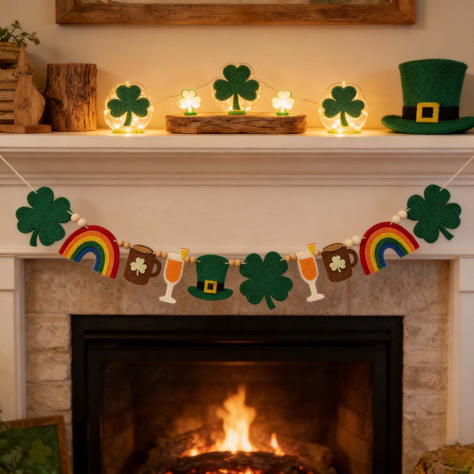 St. Patrick's Day Wooden Bead Garland, Shamrock Clover Four Leaf Clover ...