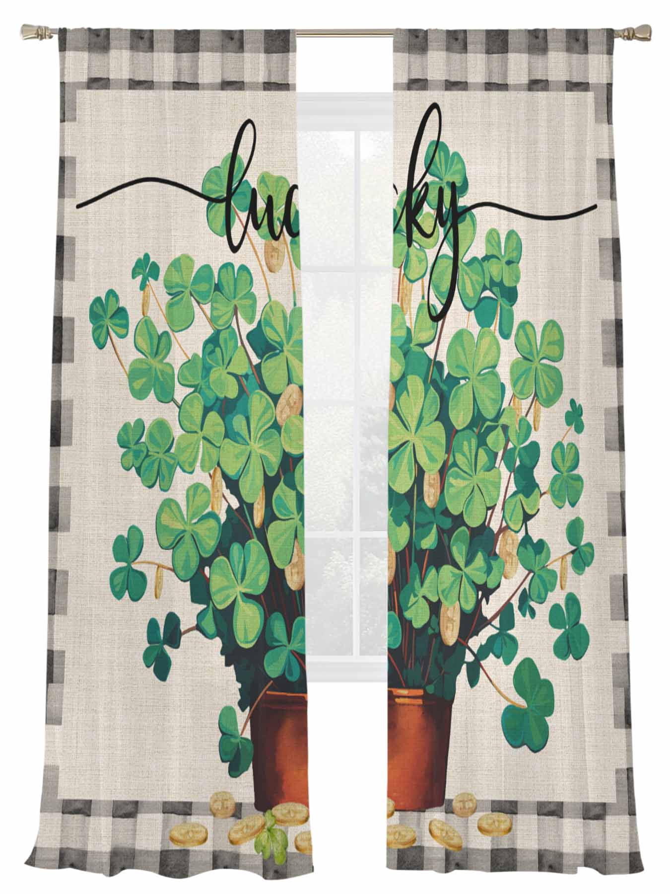 St. Patrick's Sheer Curtains 2 Panels Set Day Green Clover and Coin ...