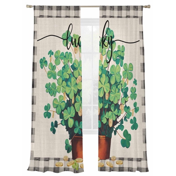 St. Patrick's Sheer Curtains 2 Panels Set Day Green Clover and Coin ...