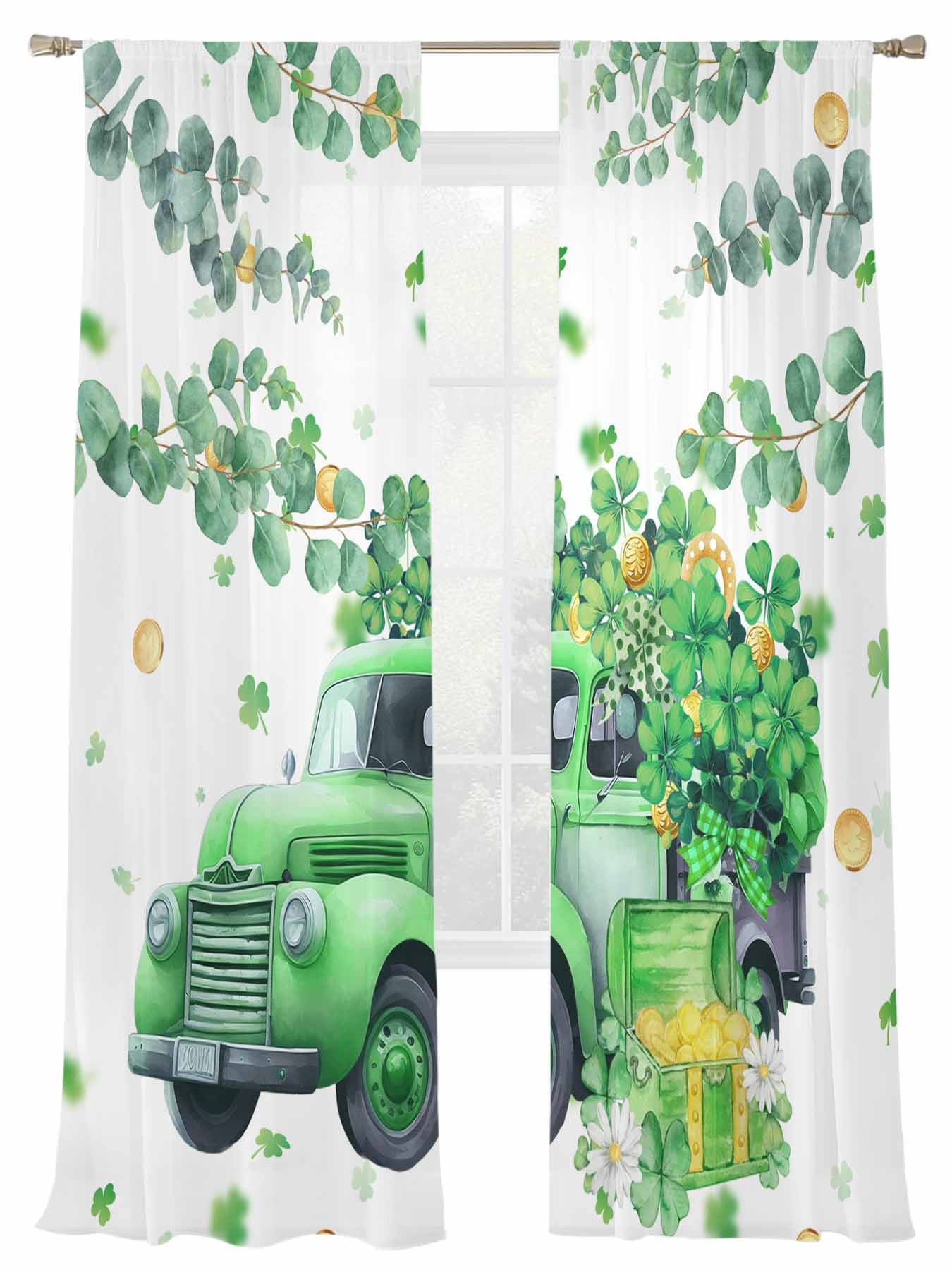St. Patrick's Sheer Curtains 2 Panels Set Day Green Truk Clover Coin ...