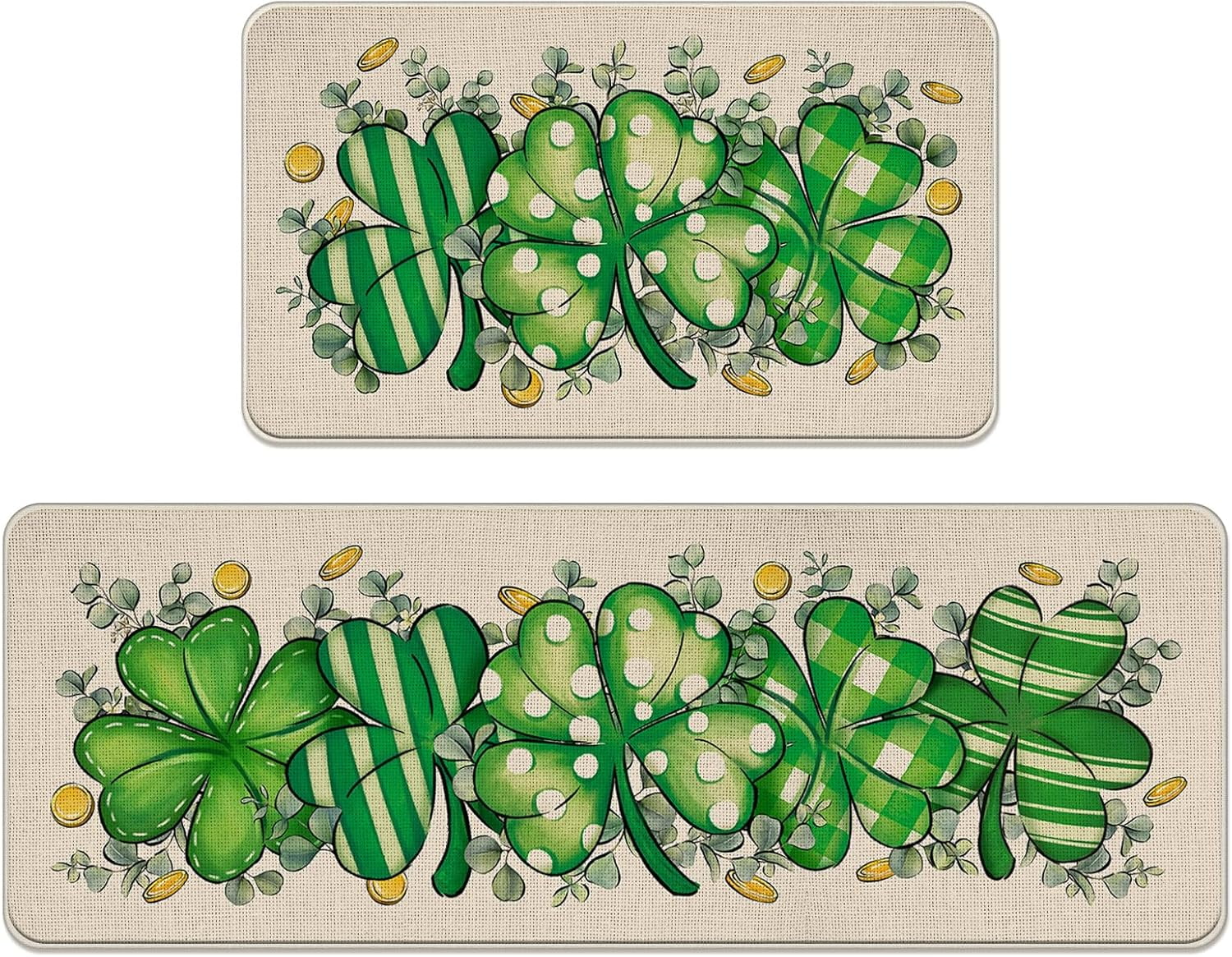 St. Patricks Day Clover Kitchen Rugs Set of 2, Shamrock Eucalyptus ...