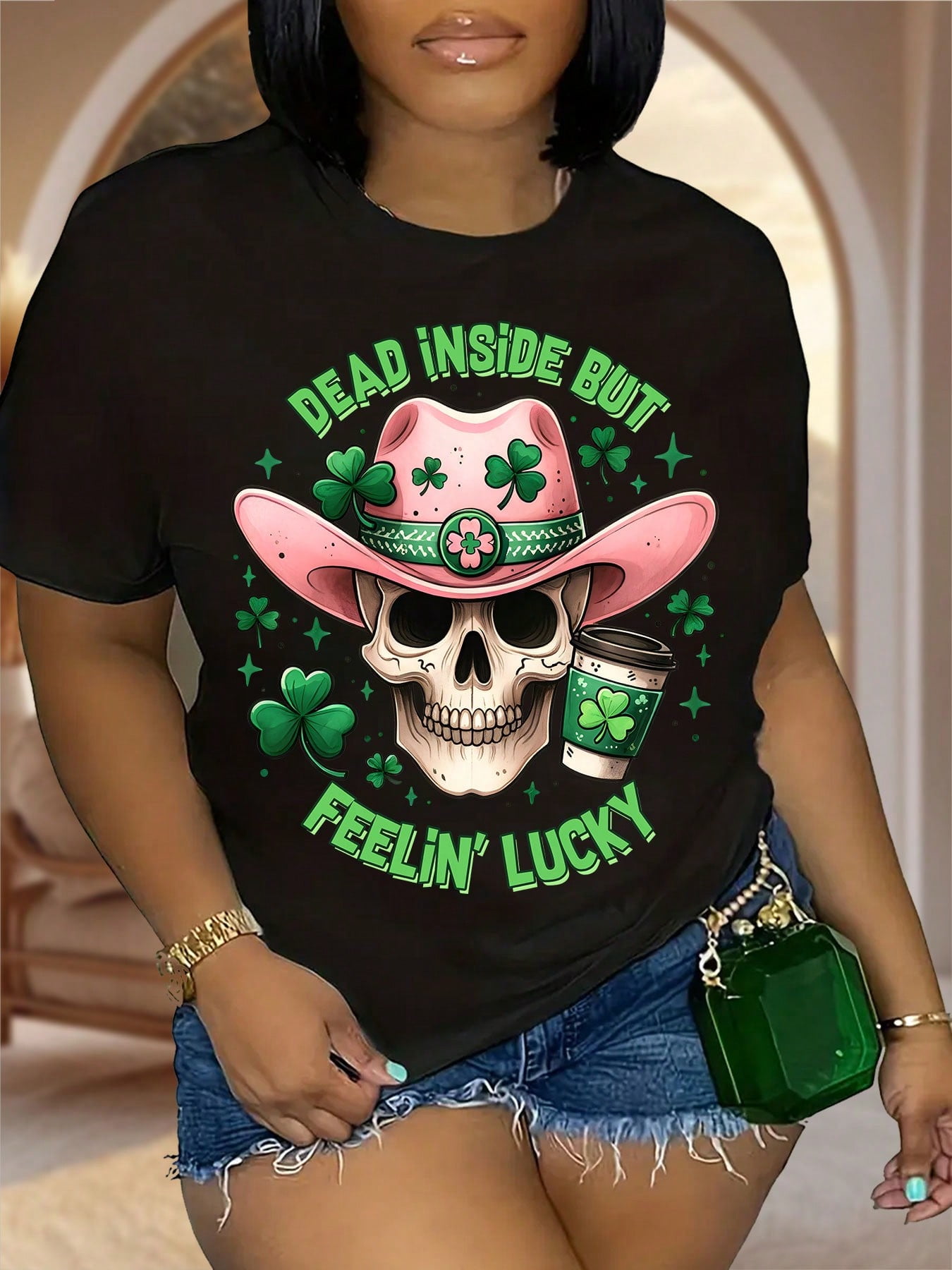 St Patricks Day Dead Inside Skull Pink Cowboy Hat Women Short Sleeve ...