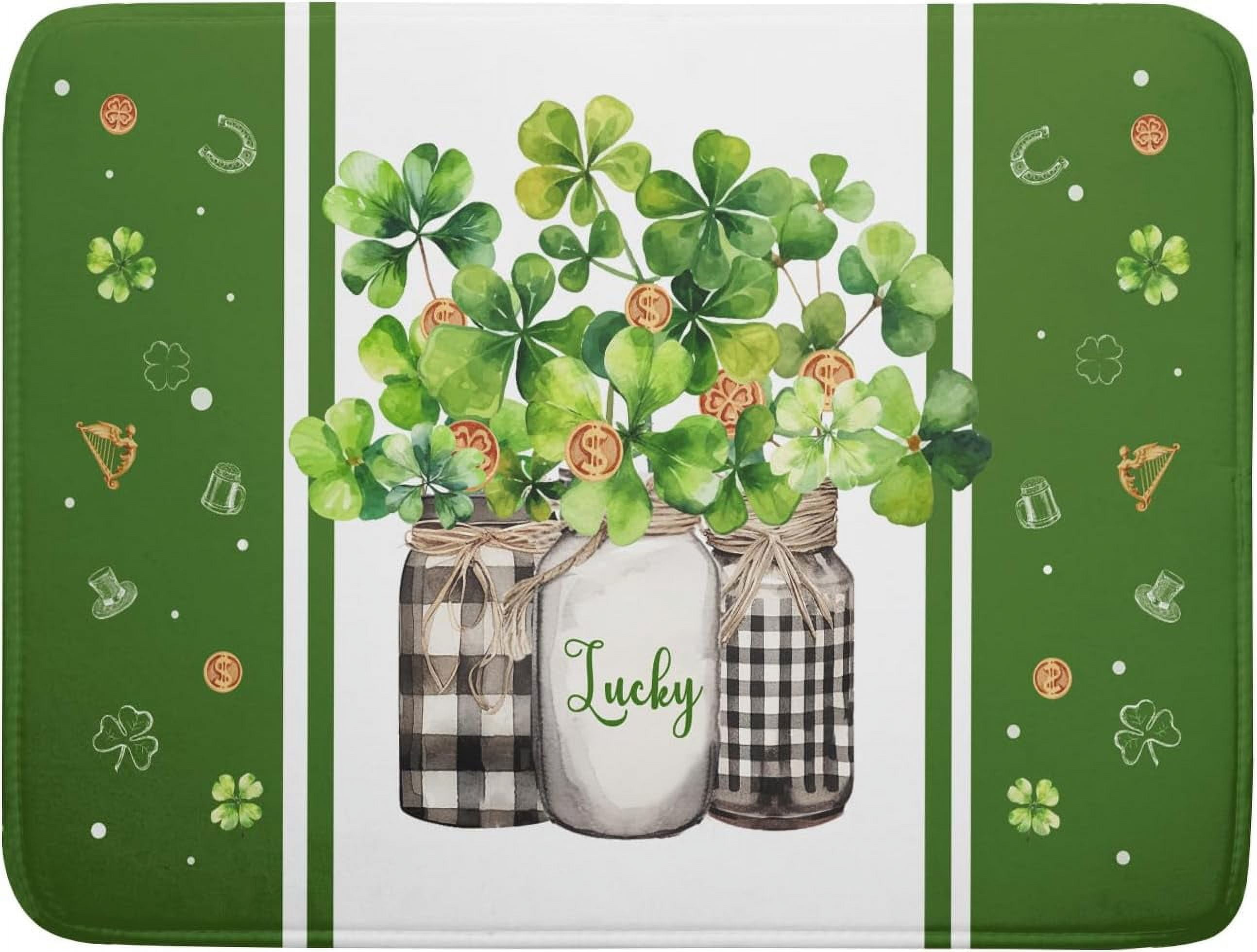 St Patricks Day Dish Drying Mat 18x24 In, Watercolor Green Shamrock ...