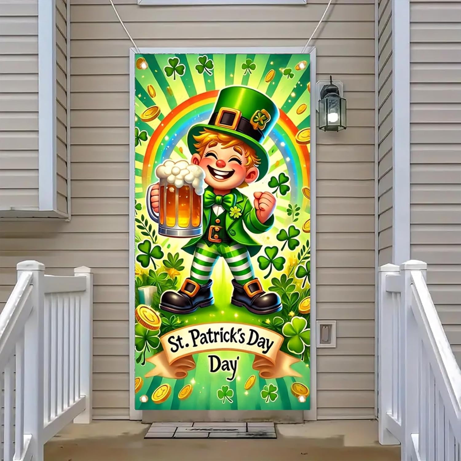 St Patricks Day Door Cover Banner 71x35 Inch Leprechaun Rainbow and ...