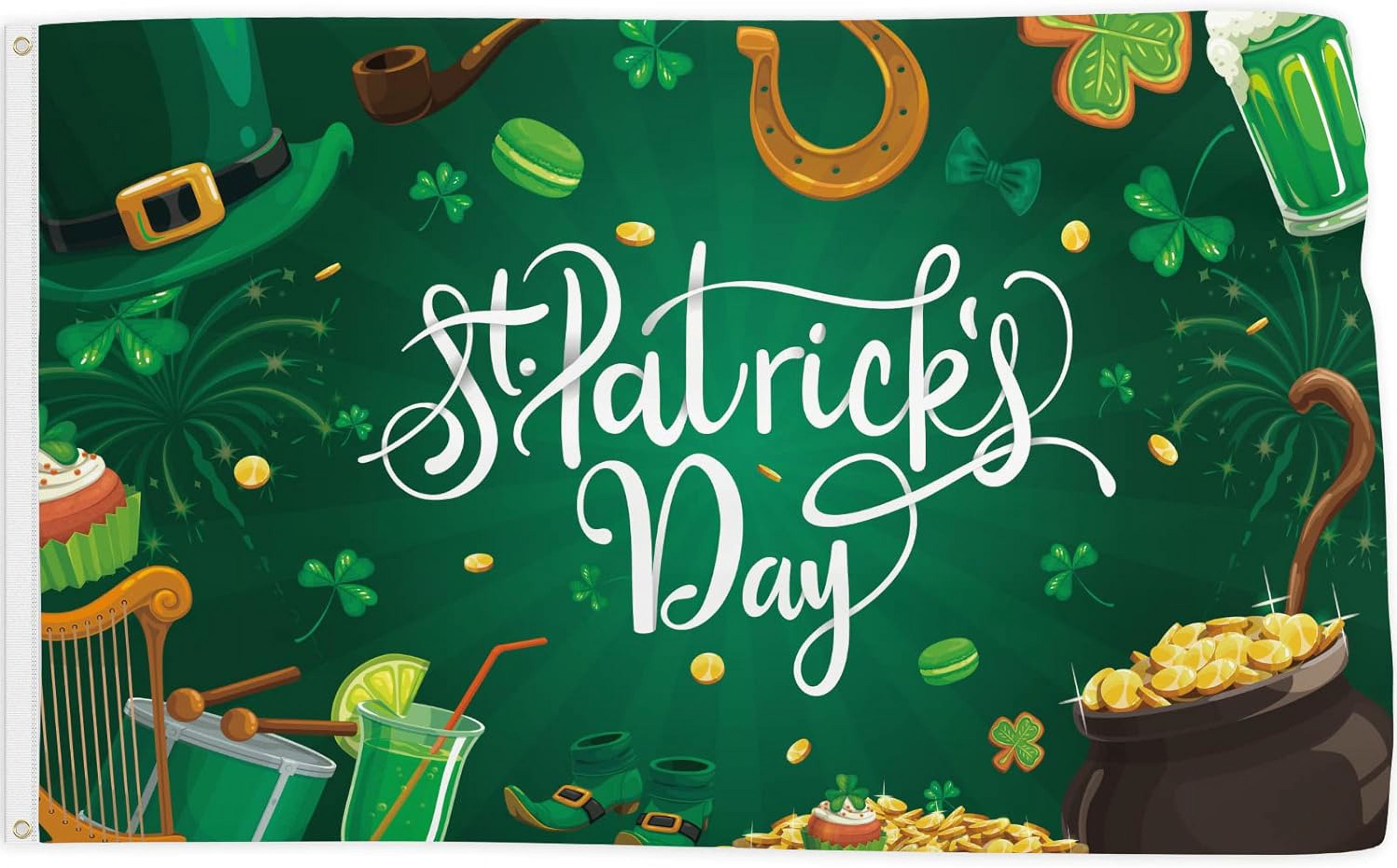 St Patricks Day Flags Double Printed Shamrocks Hat Gold Coins Backdrop ...