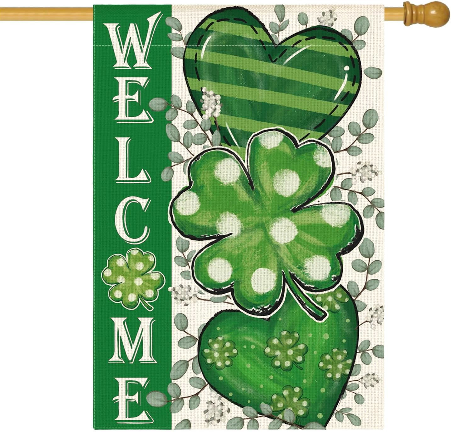 St Patricks Day House Flag 28x40 Inch Double Sided Outside, Shamrocks ...