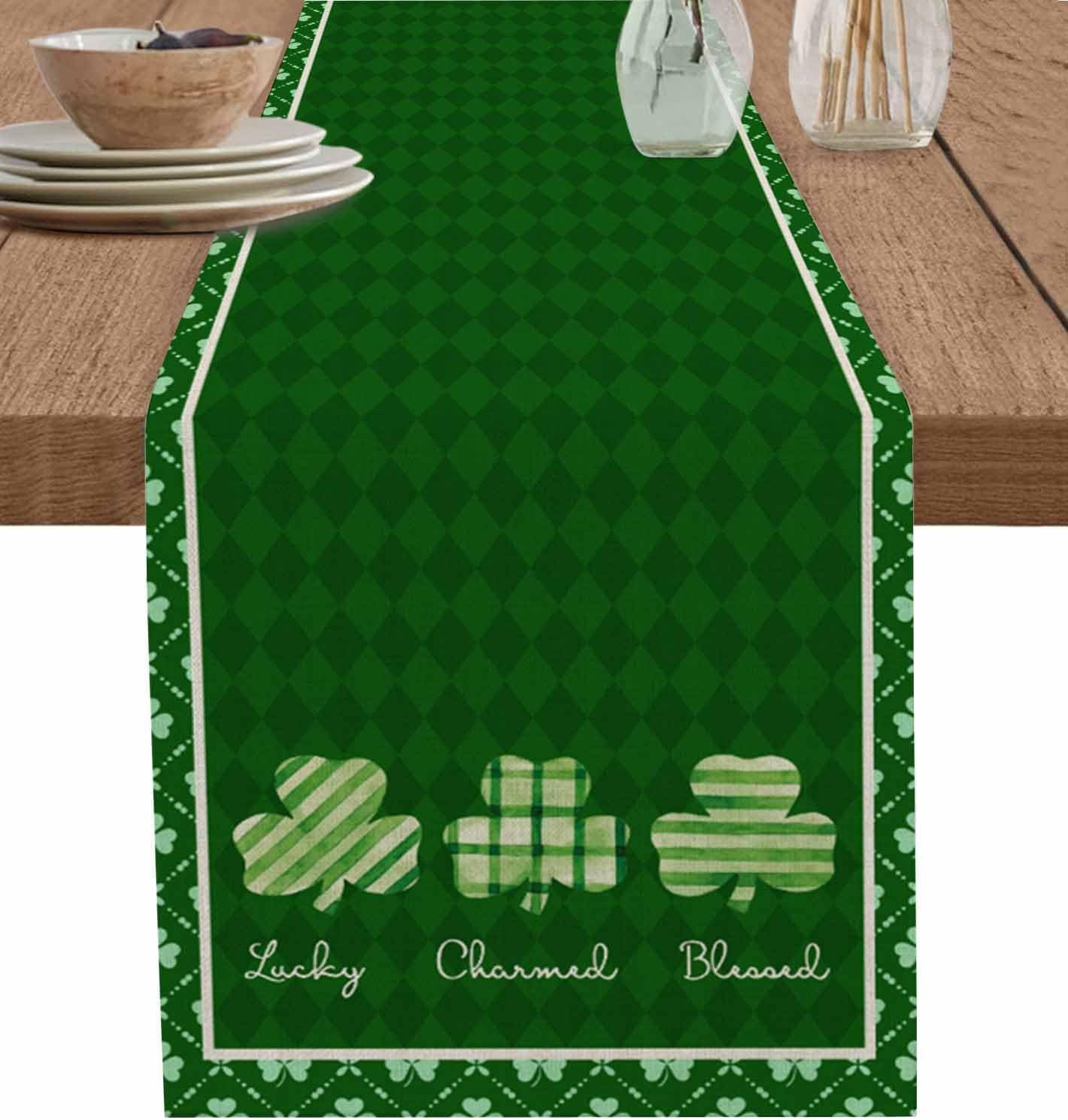 St. Patricks Day Table Runner, Linen Burlap Green Clover Table Runners ...