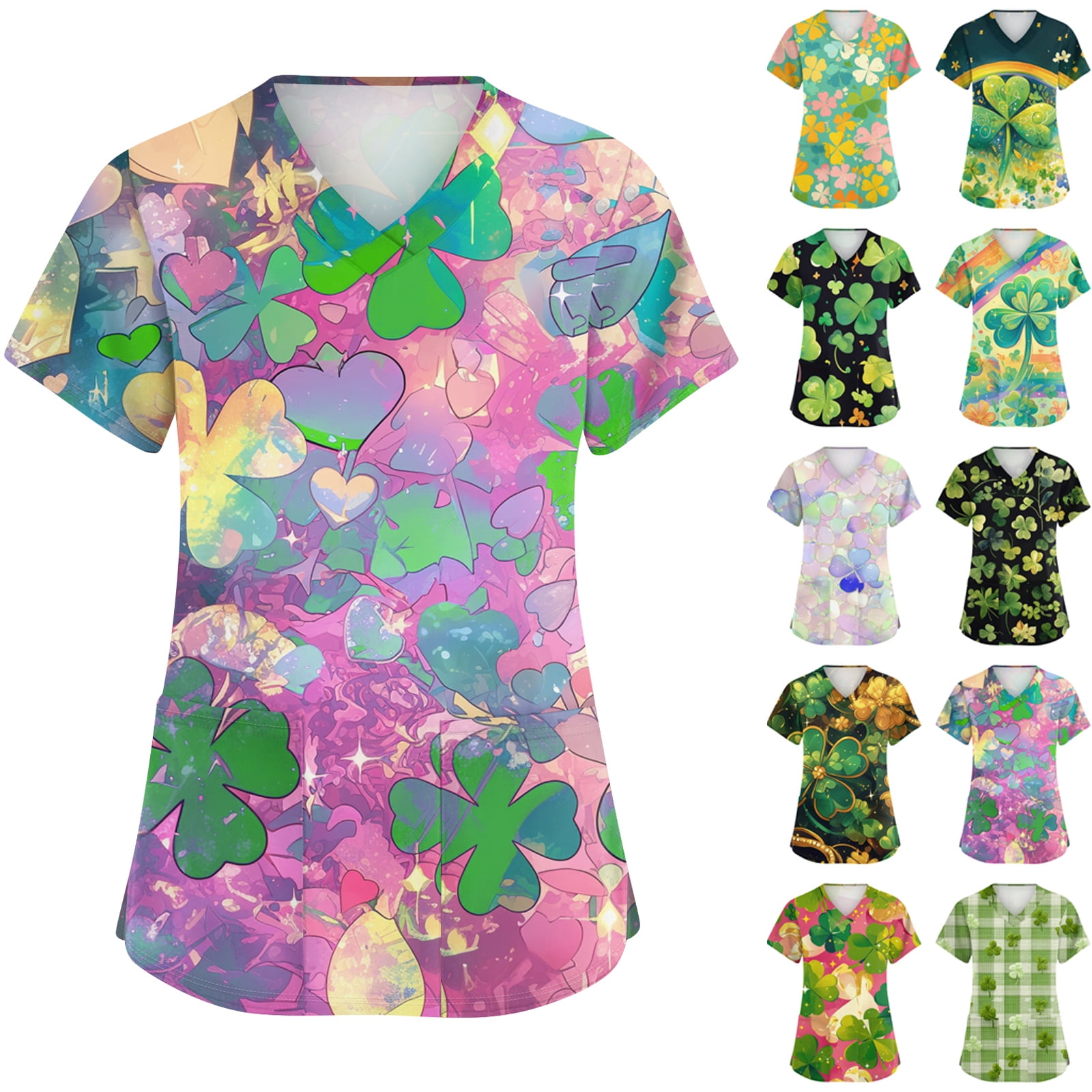 St Patricks Day Workwear Tops Women Short Sleeve V Neck Printed Scrub ...