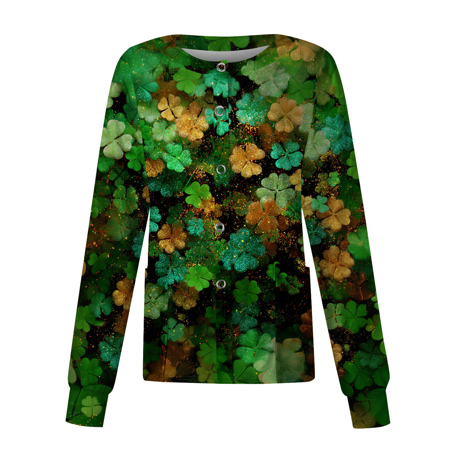St Patty's Day Womens Scrub Jacket Irish Themed Crew Neck Shamrock ...
