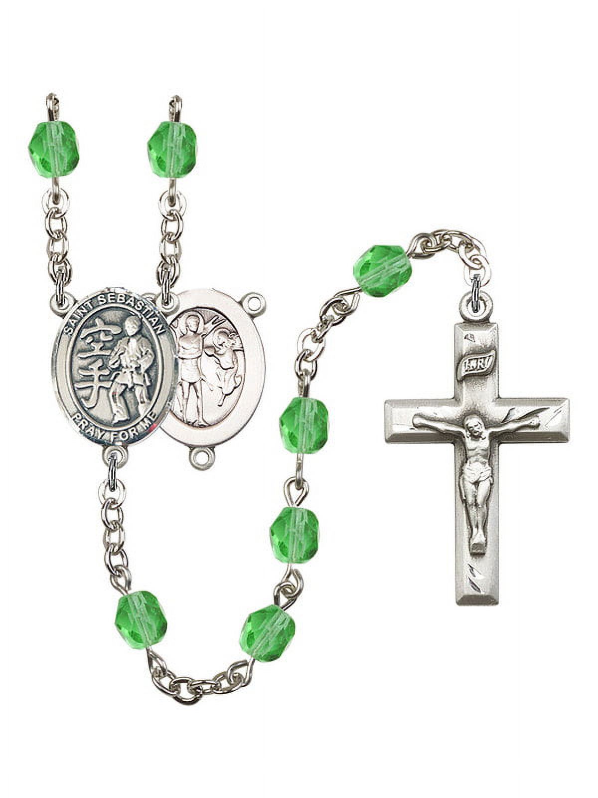 St. Sebastian / Karate Silver-Plated Rosary 6mm August Green Fire ...