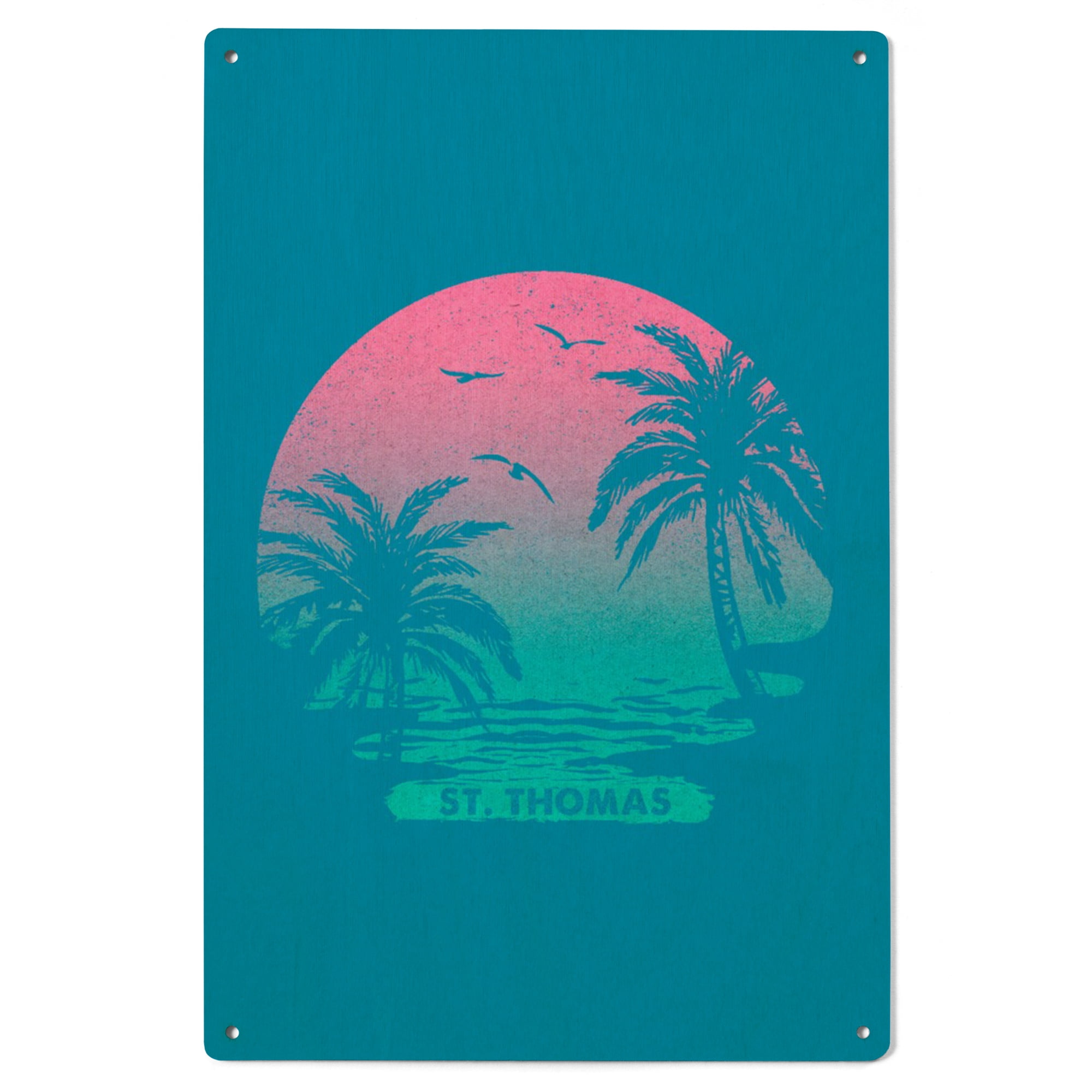 St Thomas, Sunset and Palm Trees, Contour Birch Wood Wall Sign (6x9 ...