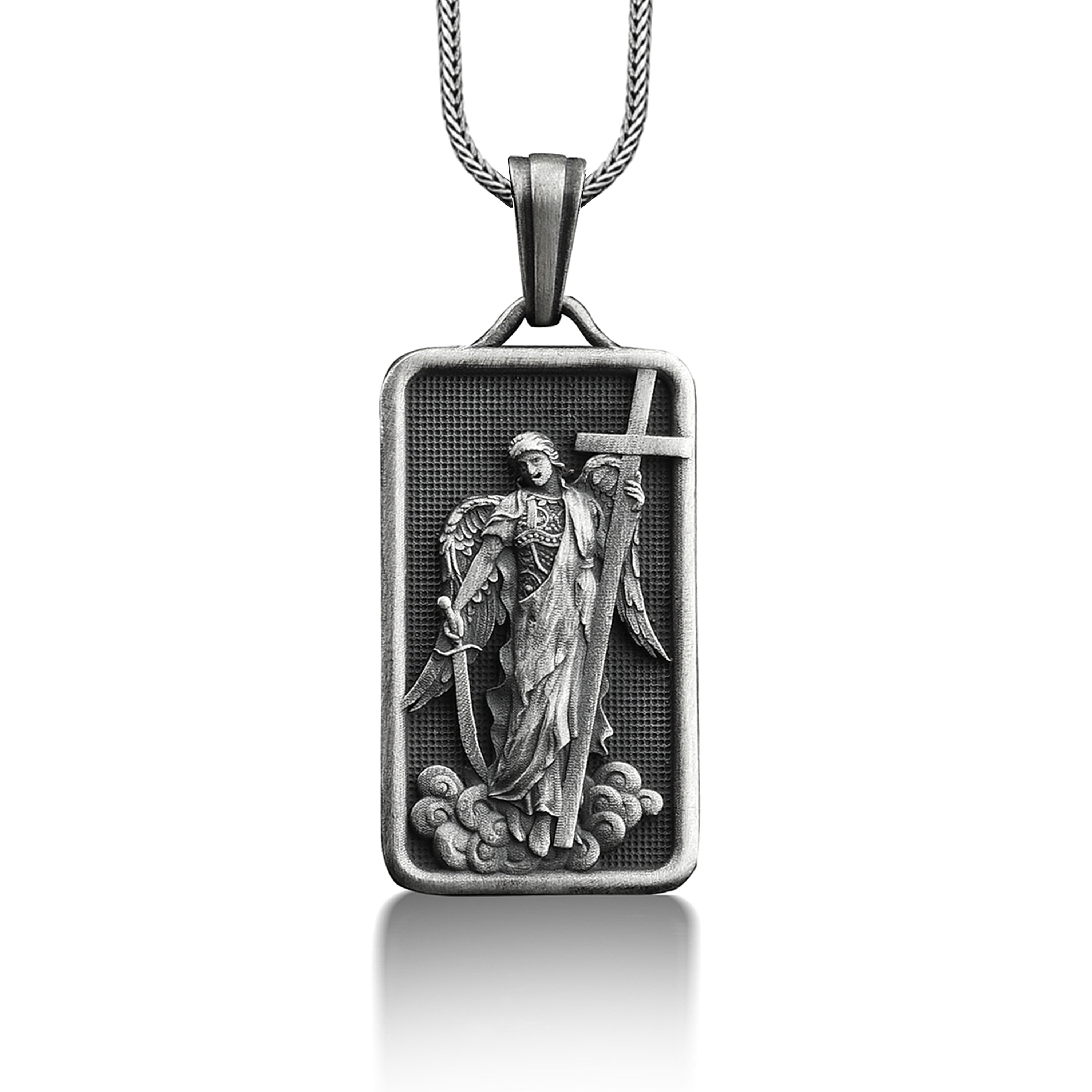 St michael the archangel rectangle pendant with custom name, Sterling ...