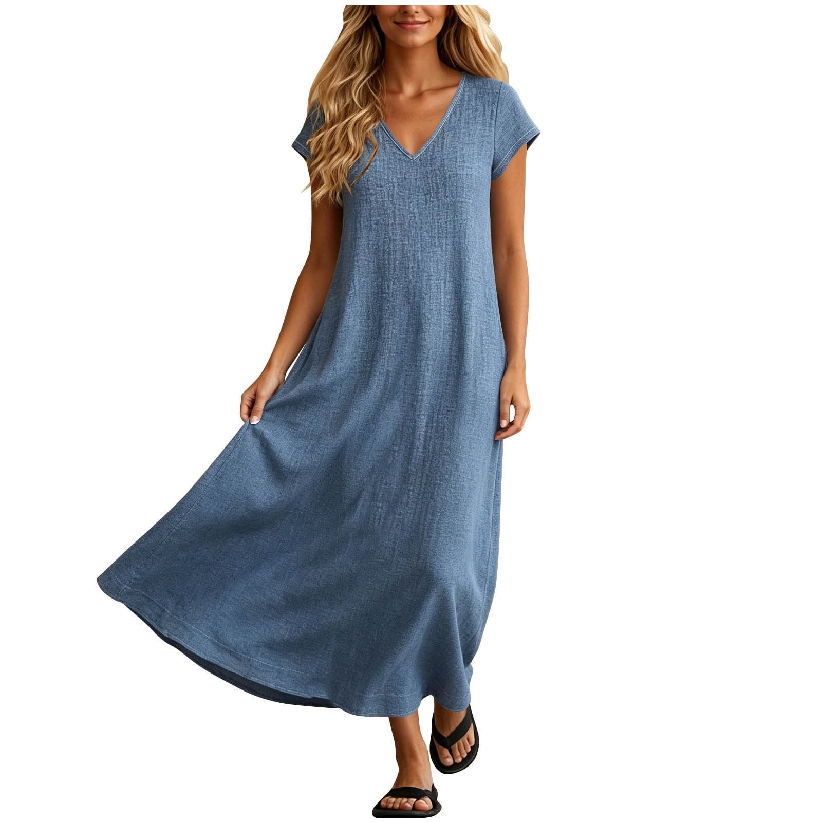 StSilkitty Summer Casual Dresses for Womens Solid Color Short Sleeve V ...
