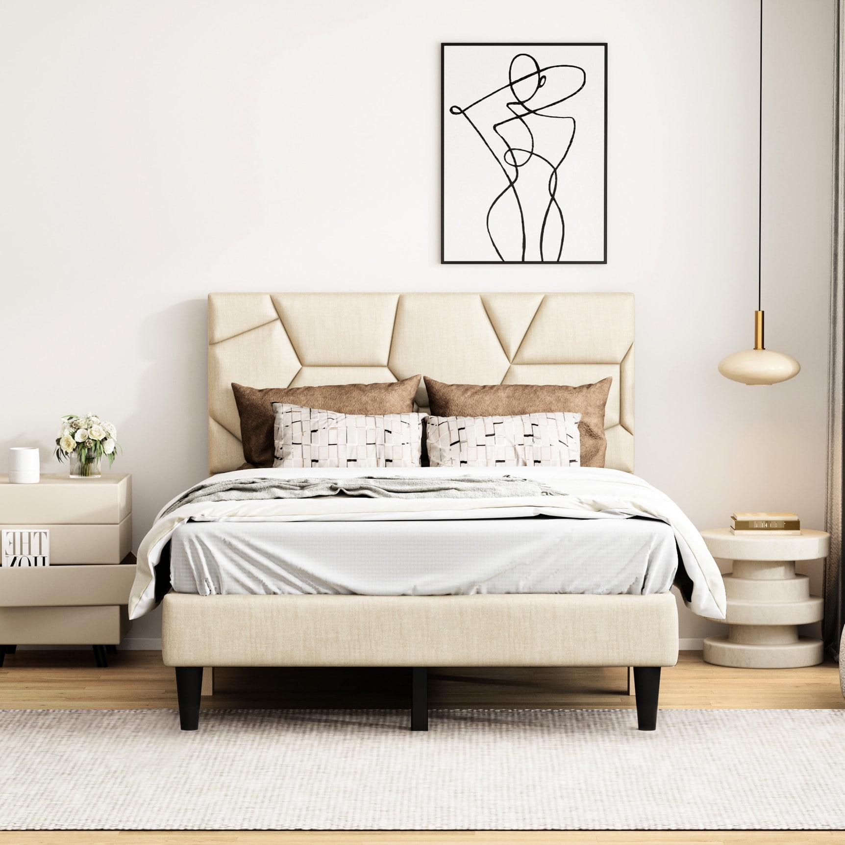 Stable Bed Frame with Easy Assembly - Beige Color for Bedroom Harmony ...