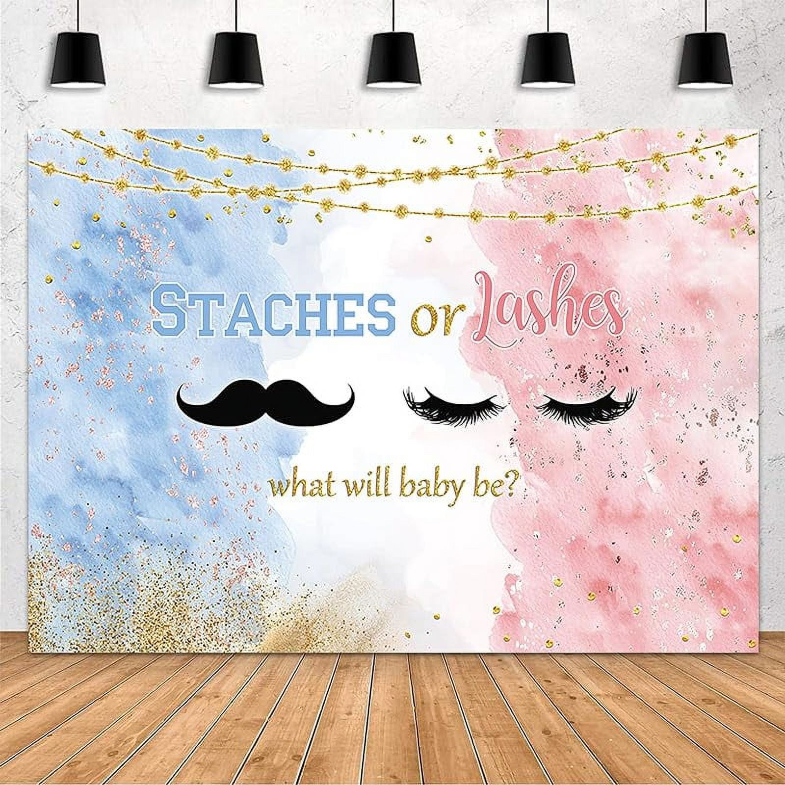 Staches or Lashes Gender Reveal Backdrop Pink or Blue Mustaches or ...