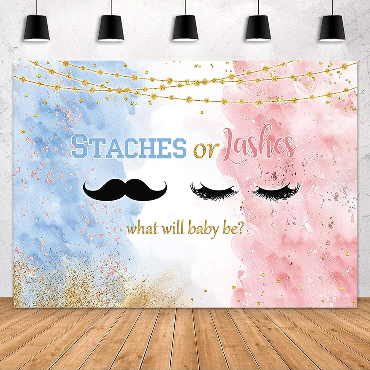 Staches or Lashes Gender Reveal Backdrop Pink or Blue Mustaches or ...