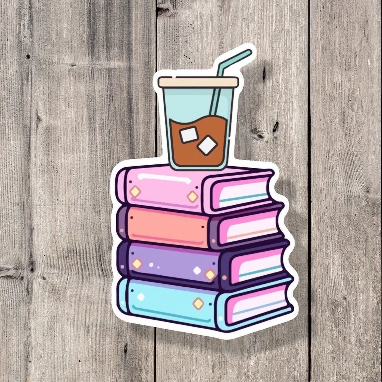 Stack Of Books And Iced Coffee Vinyl Sticker Laptop Sticker Water ...