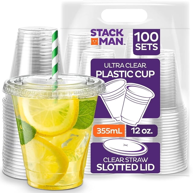 Stack Man Clear Plastic Cups with Lids 12 oz [100 Sets] Disposable Iced ...
