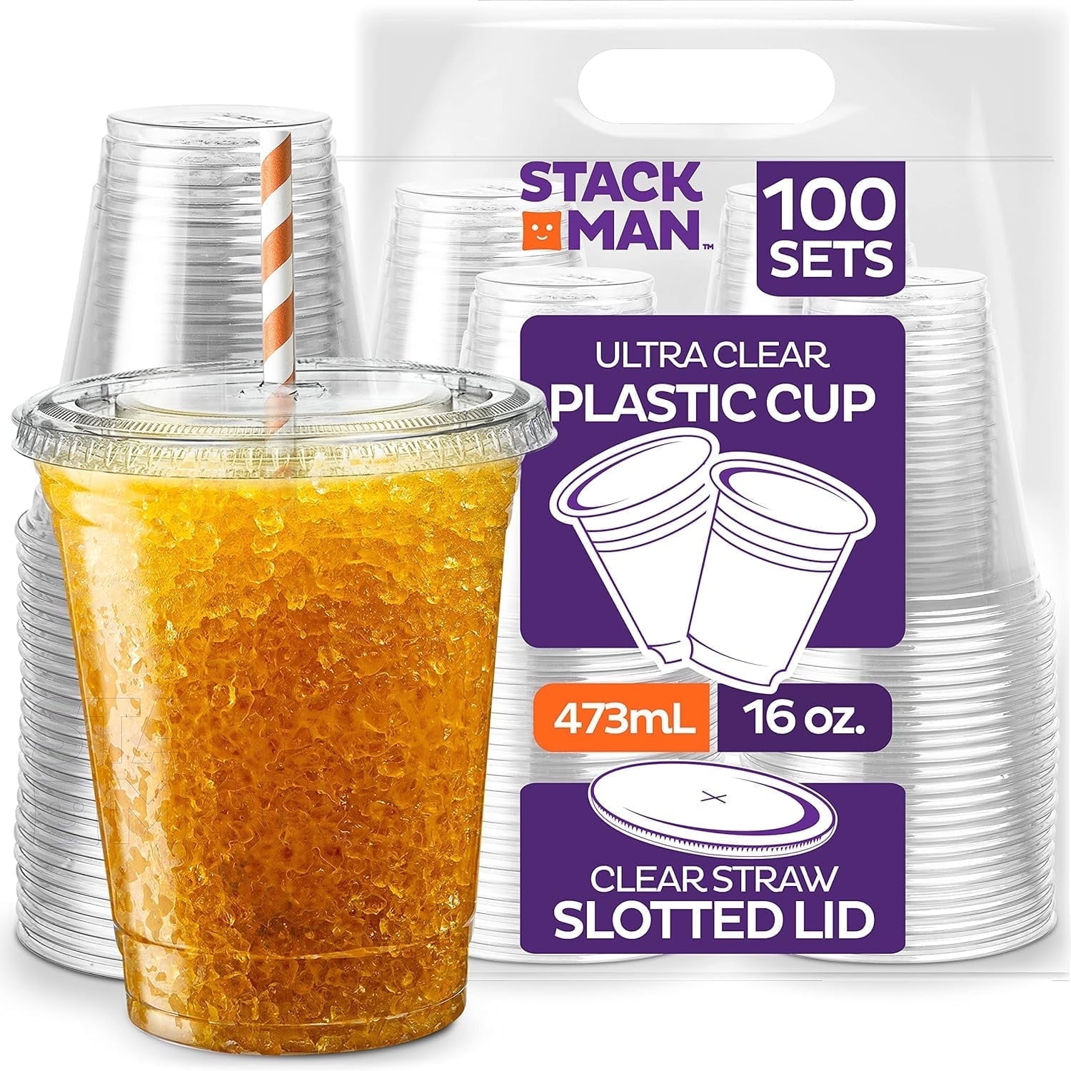 Stack Man Clear Plastic Cups with Lids 16 oz [100 Sets] Disposable Iced ...