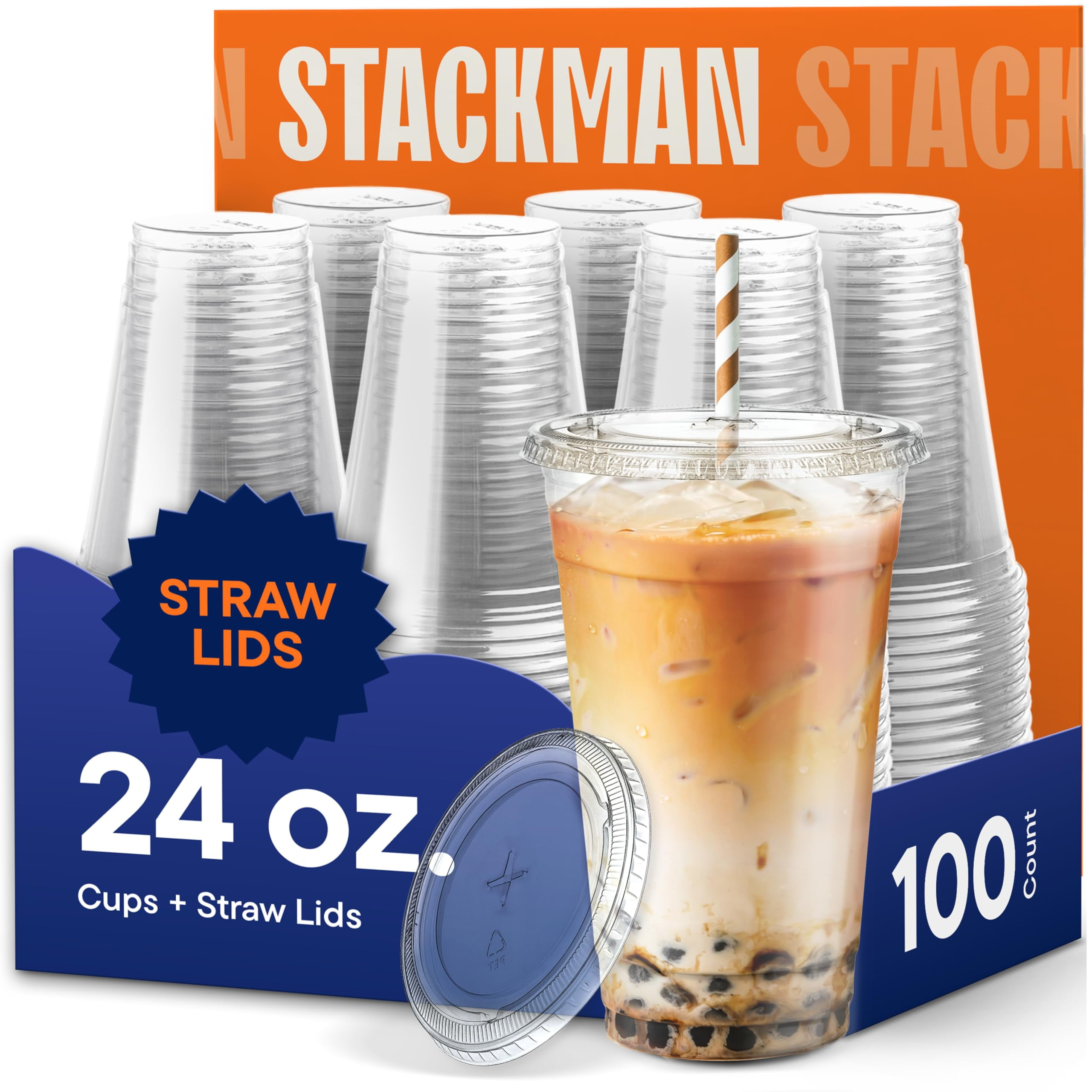 Stack Man [100 Sets - 24 oz.] Clear Plastic Cups with Straw Slot Lid ...