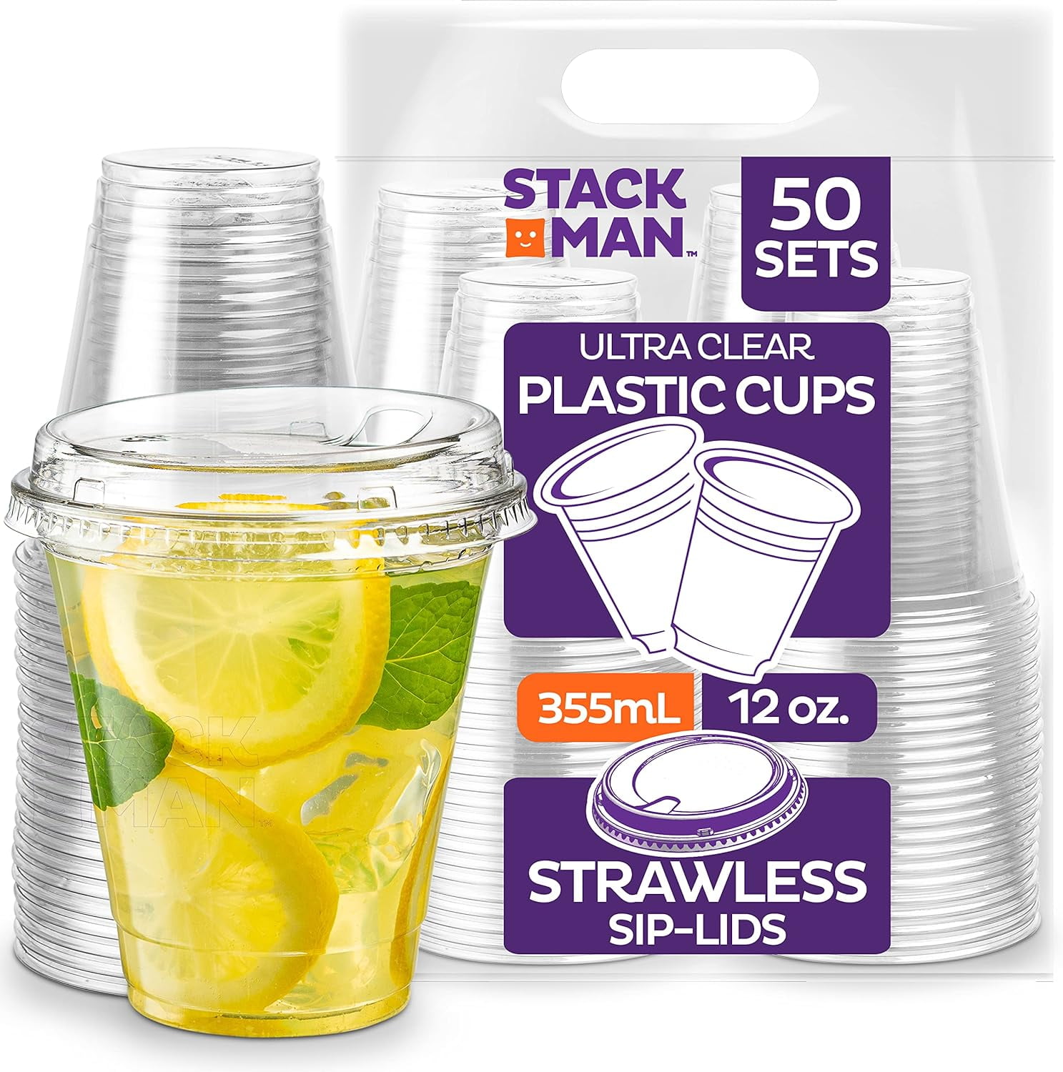 Stack Man 12 oz Clear Plastic Cups with Strawless Sip-Lids [50 Sets ...