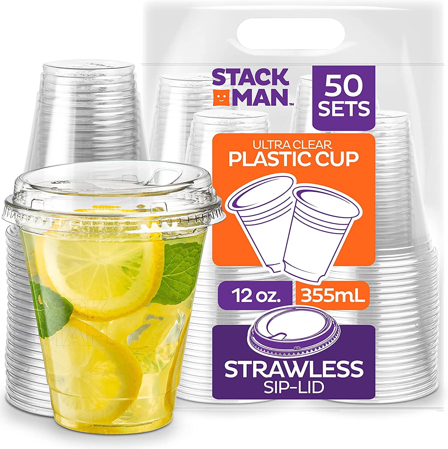 Stack Man 12 oz Clear Plastic Cups with Strawless Sip-Lids [50 Sets ...