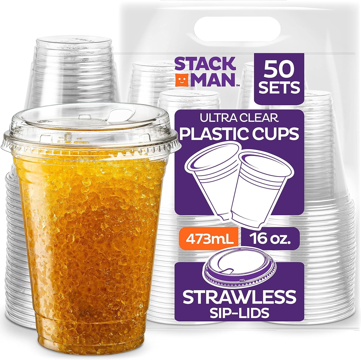 Stack Man 16 oz Transparent Disposable Drink Cups with Dome Sip-Lids ...