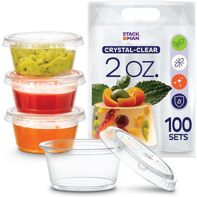 Stack Man Clear Plastic Condiment Containers With Lids (100 Sets - 2 oz ...