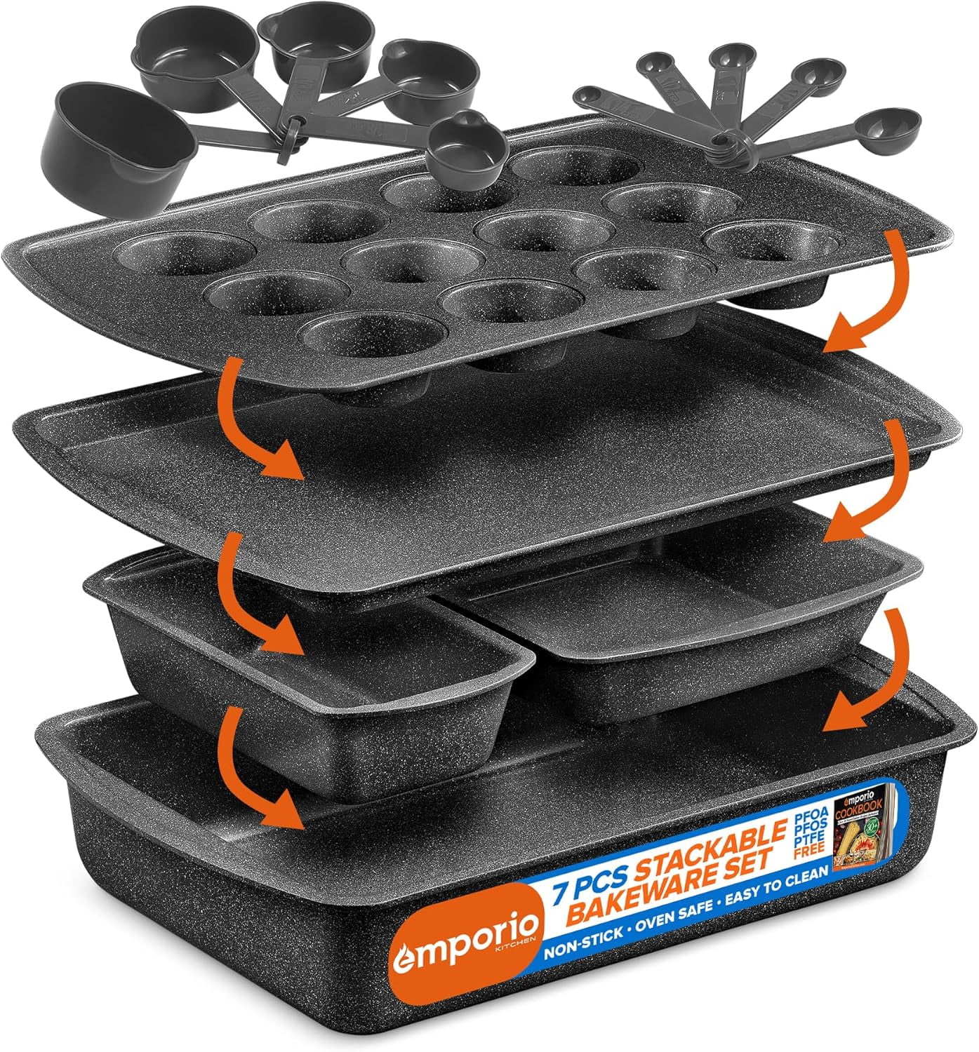 Stackable Baking Pan Set - Deluxe Nonstick White Marble Coating, Carbon ...