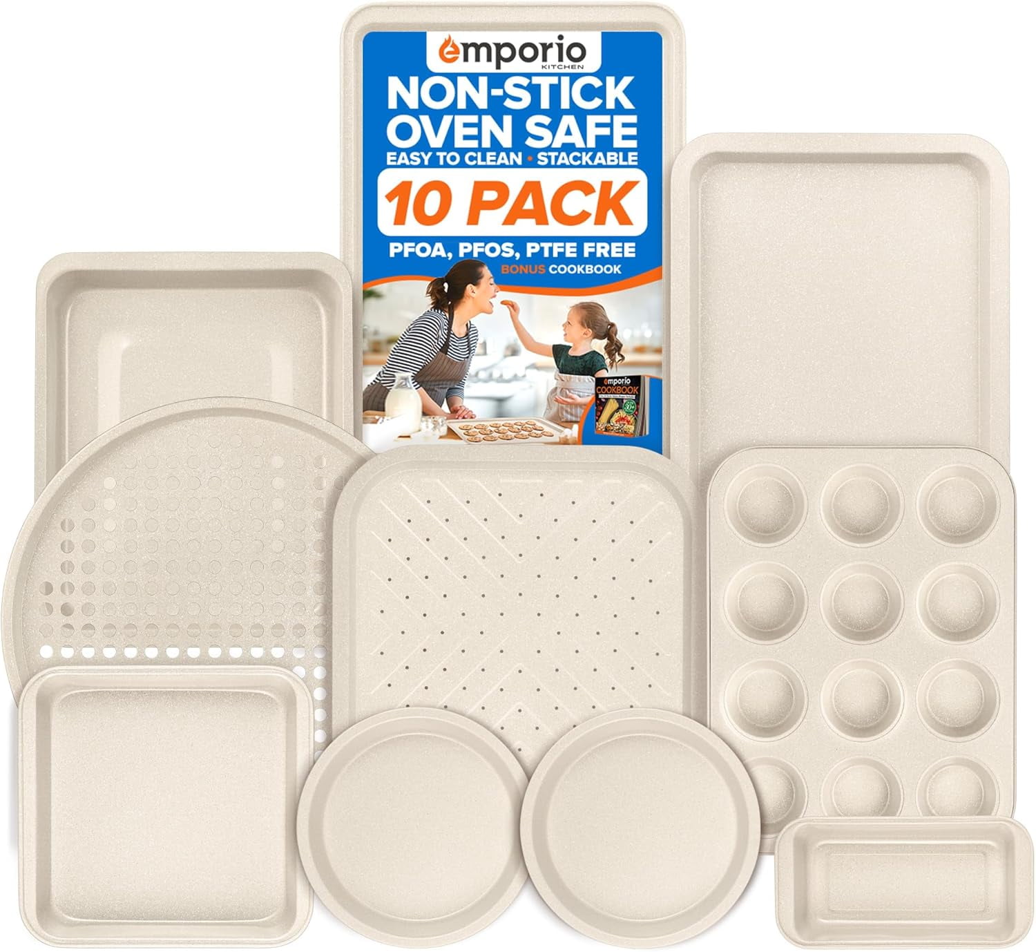 Stackable Baking Pan Set - Nonstick White Marble Coating, Carbon Steel ...