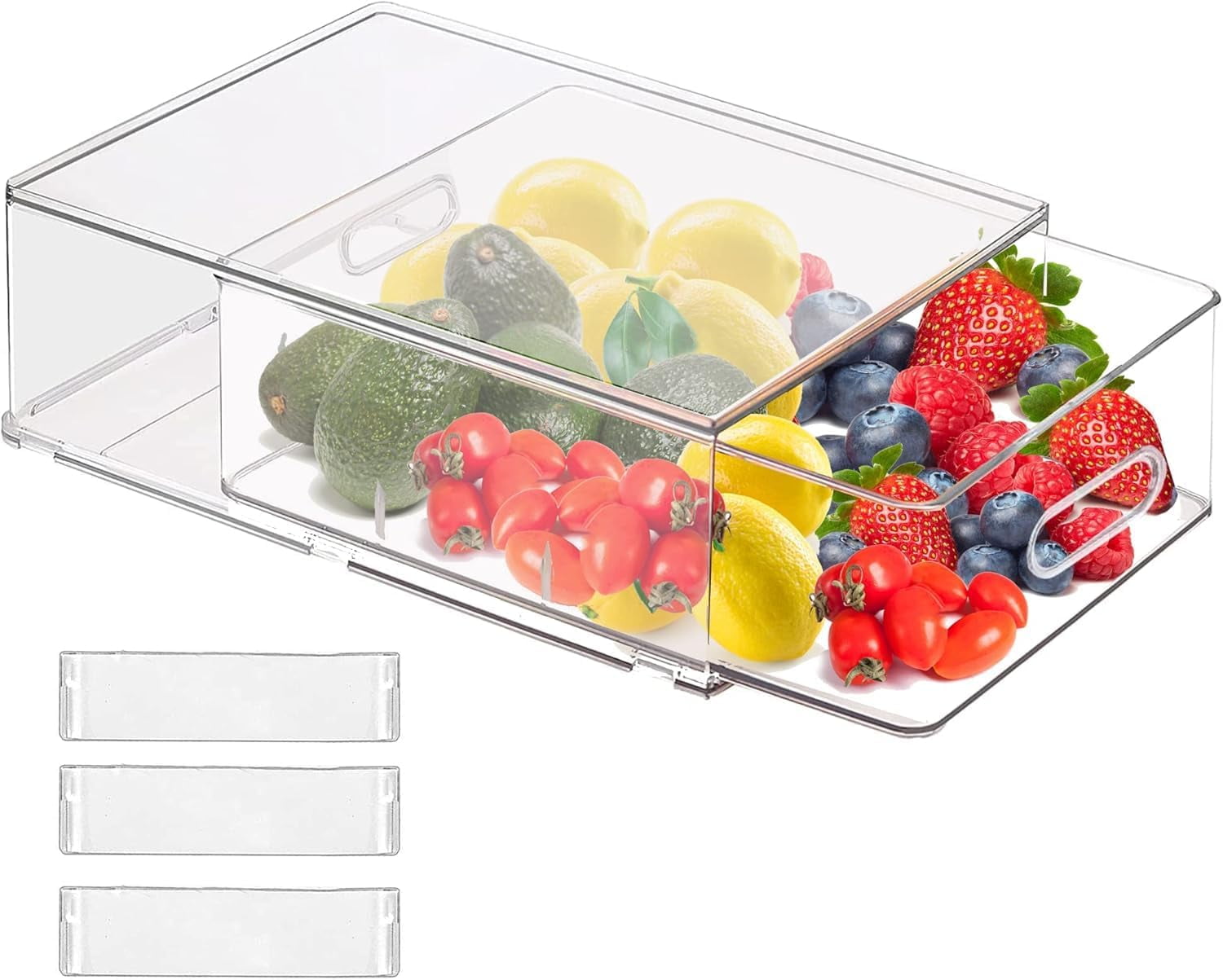 Stackable Clear Storage Drawer with 3 Dividers for Pantry Shelf, Fridge ...