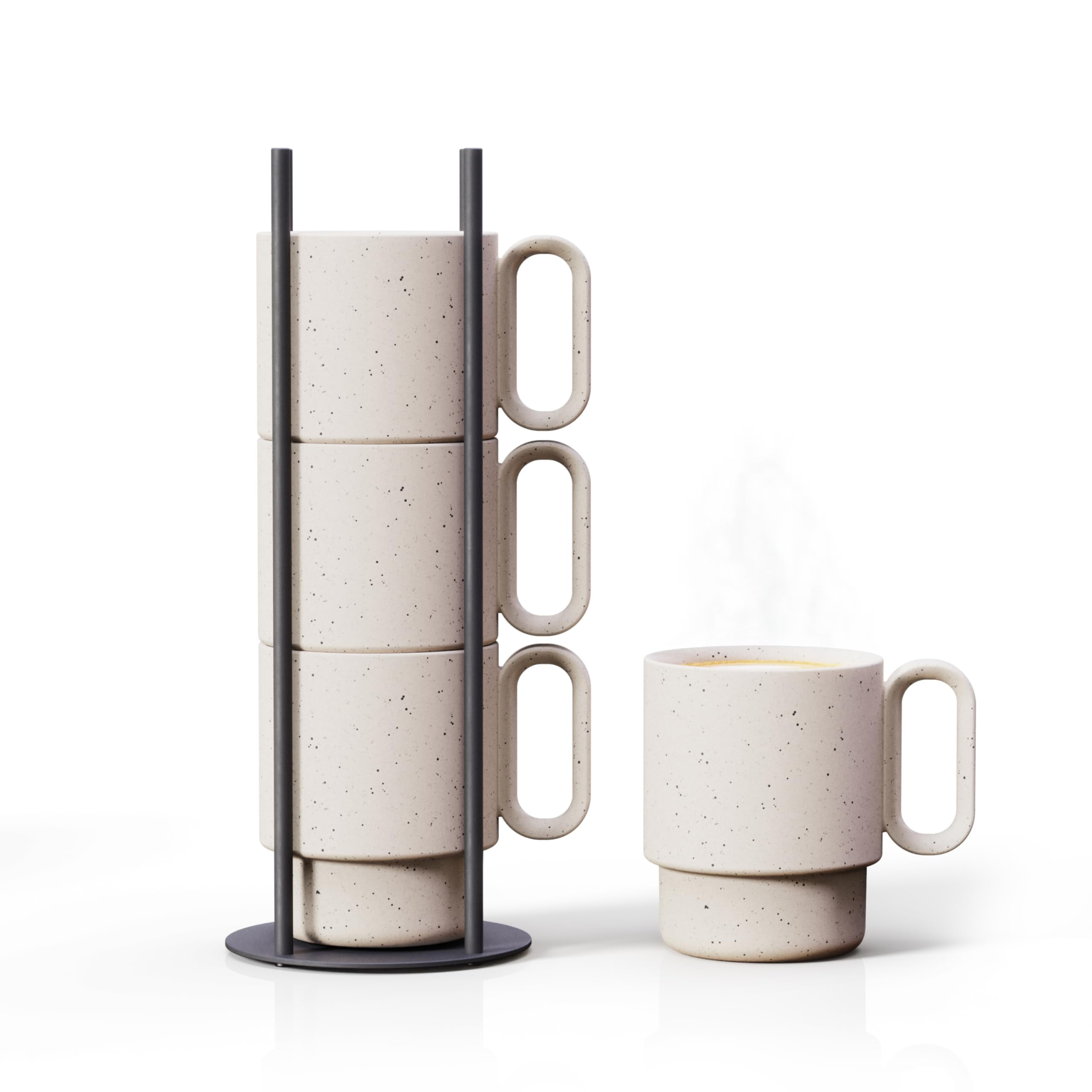 Stackable Coffee Mug Set with Black Stand - 4x10oz Ceramic Mugs with ...