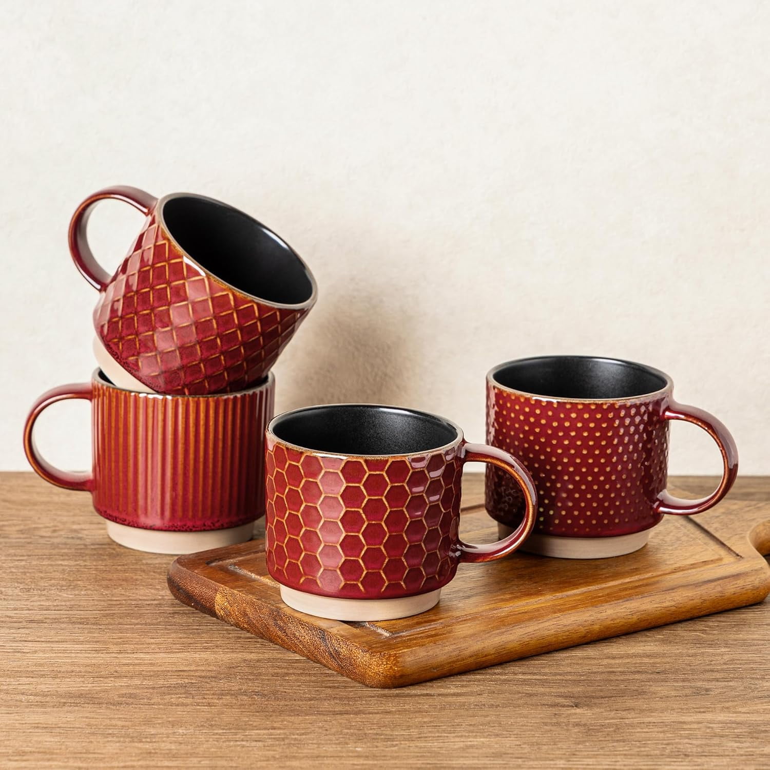 Stackable Coffee Mugs, Ceramic Coffee Mugs with Texture Patterns for ...