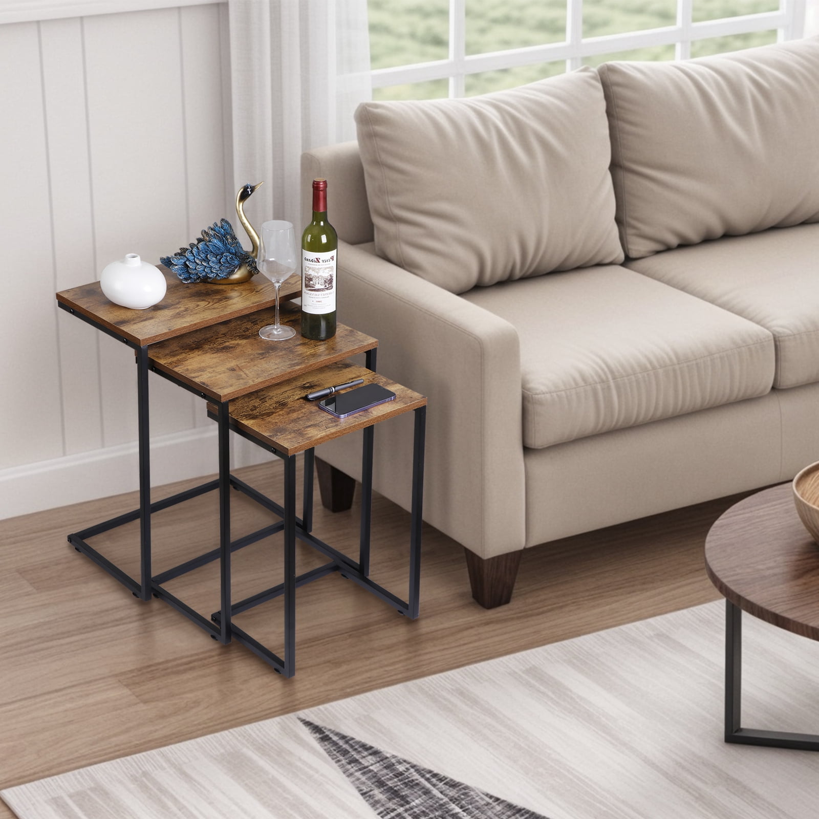 Stackable Coffee Table Brown Nesting Side Table Set of Three C-Shaped ...
