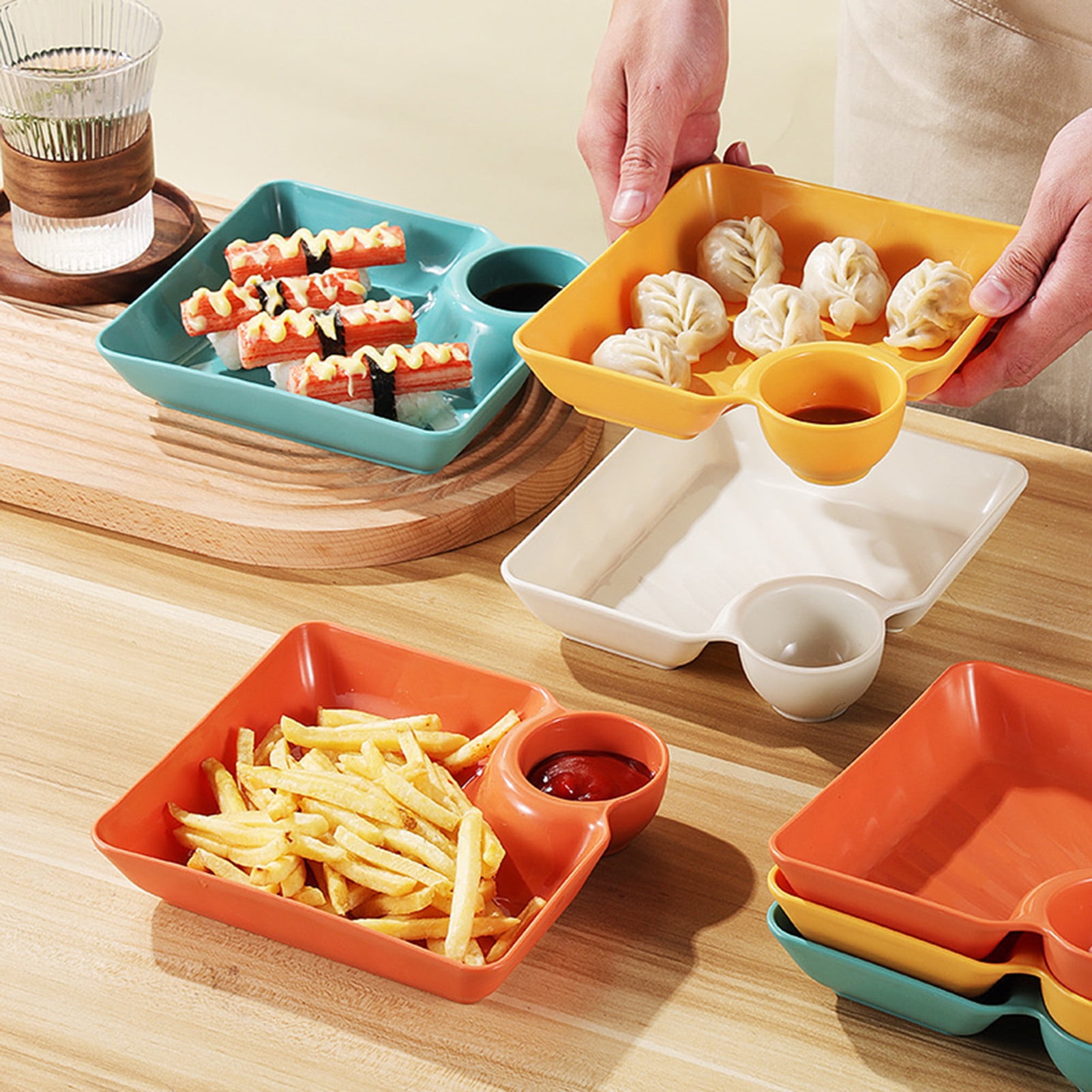 Stackable Divided Plate with Dipping Sauce Smooth Edges Non-stick Easy ...
