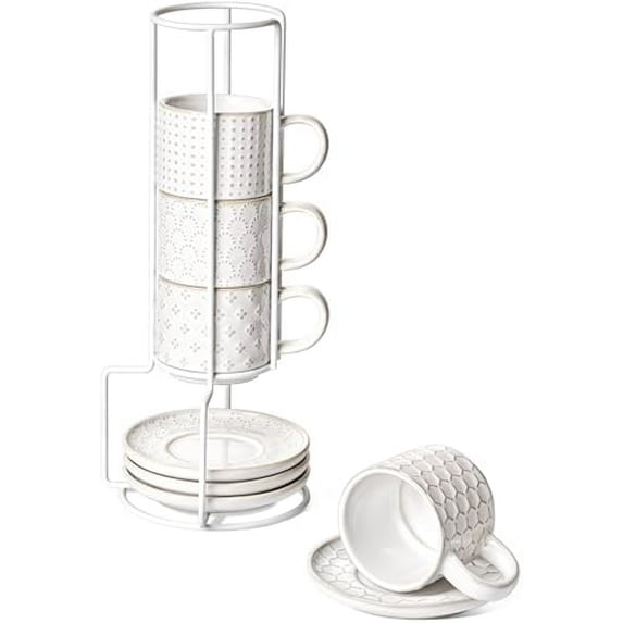 Stackable Espresso Cups 4 oz with Saucers and Stand, Ceramic Embossment ...