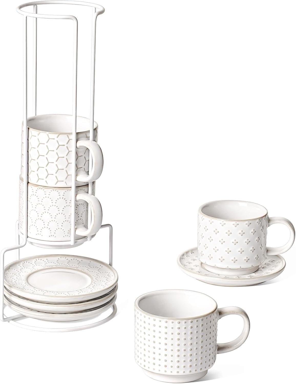 Stackable Espresso Cups with Saucers and Stand, Ceramic Coffee Mugs for ...