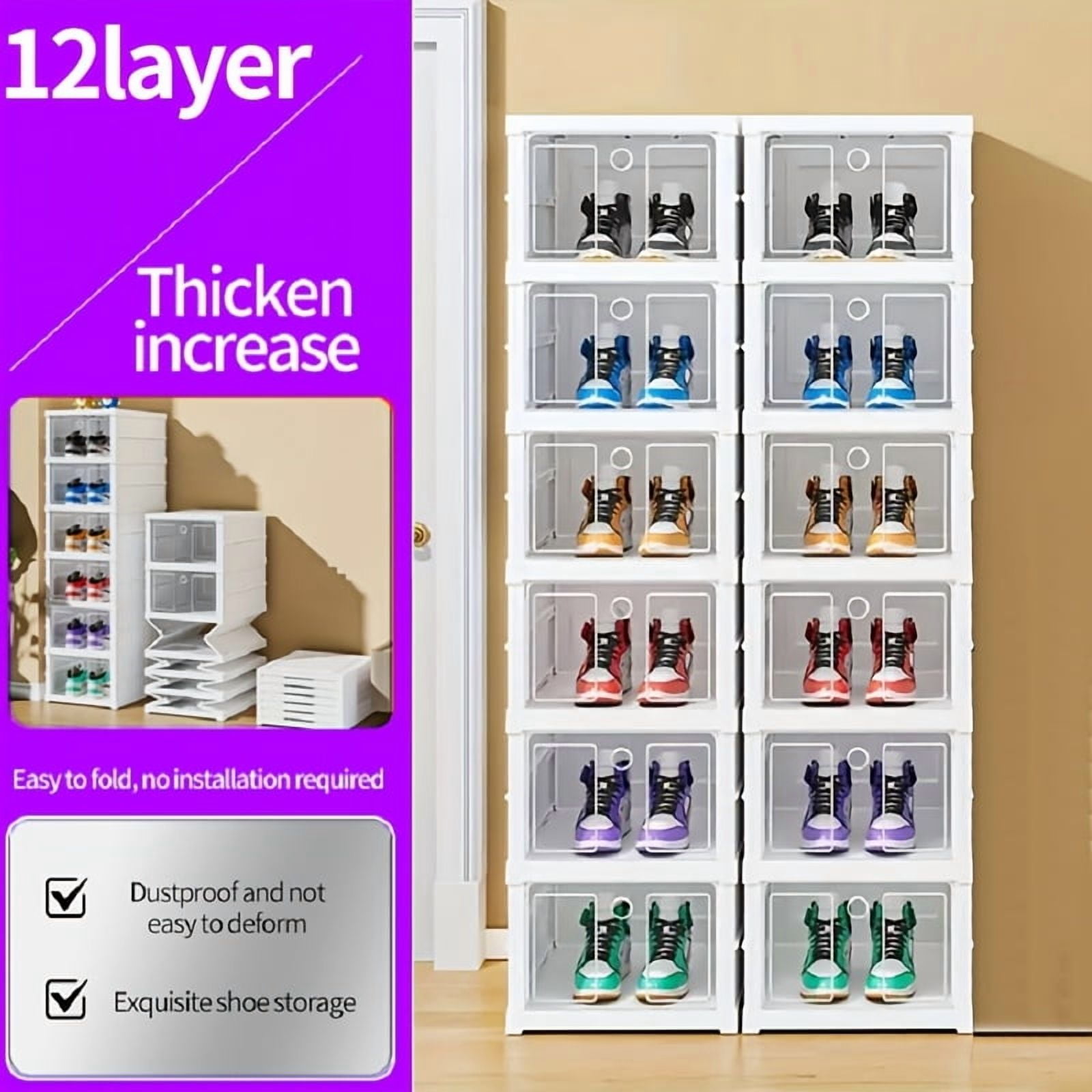 Stackable Folding Shoe Boxes with Doors, Dust-Proof Storage for ...