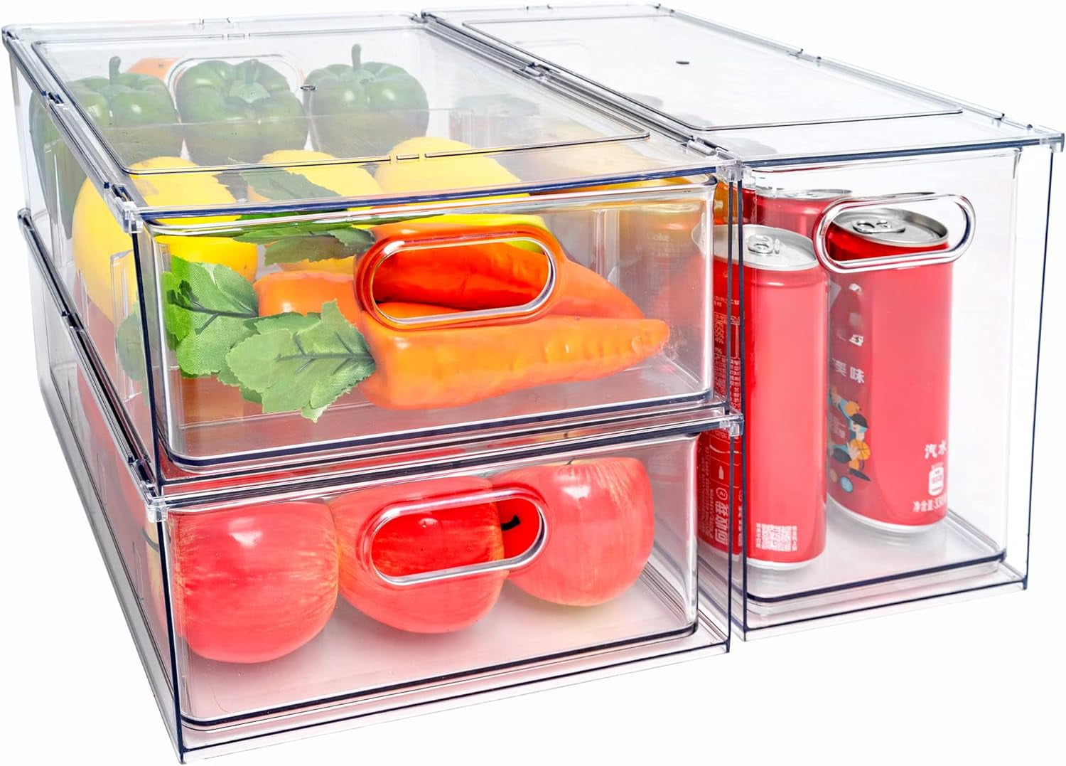 Stackable Fridge Drawer Pull-Out Bins with Handles 3 Pack Large Clear ...