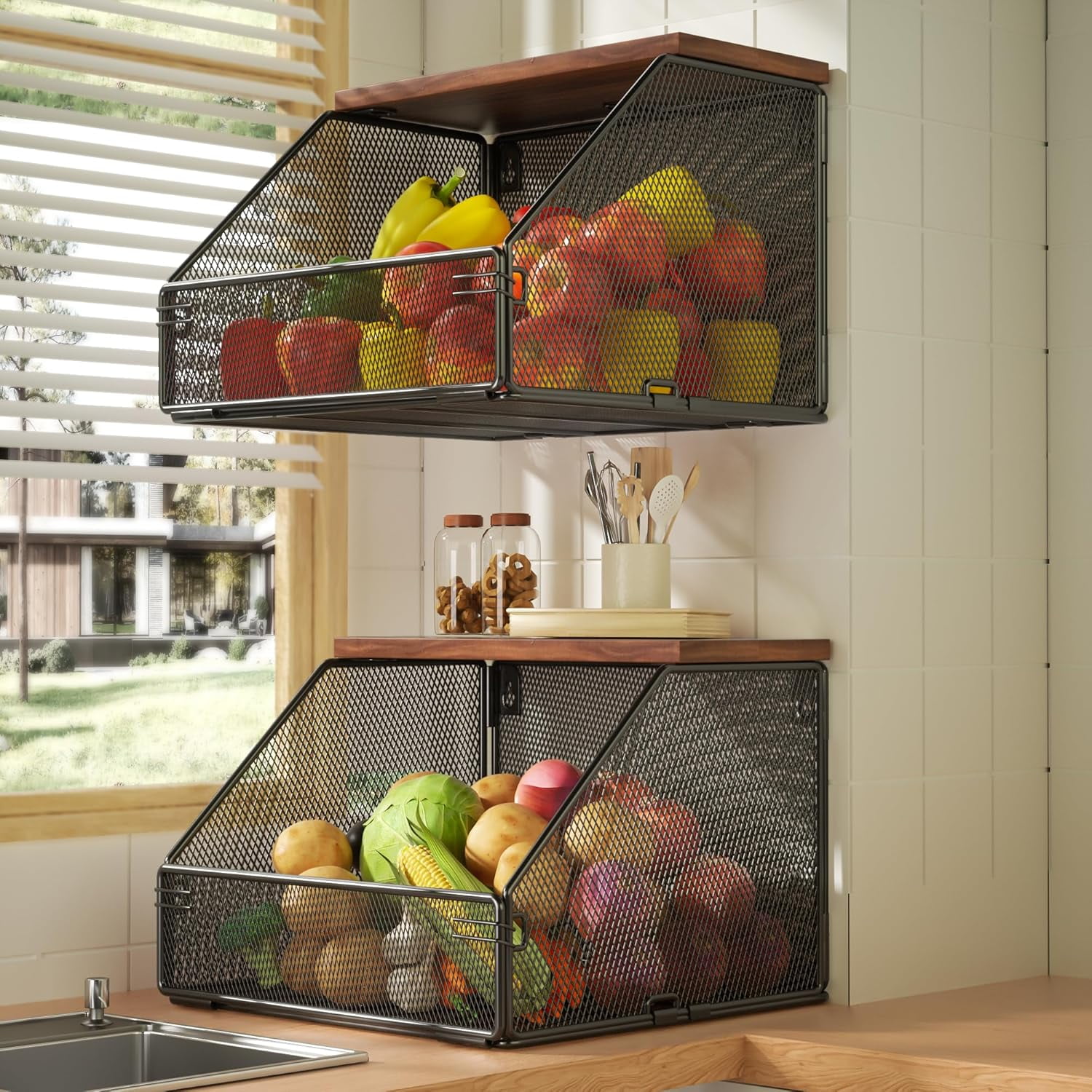 Stackable Fruit Basket for Kitchen Countertop Space Saving, Wall ...