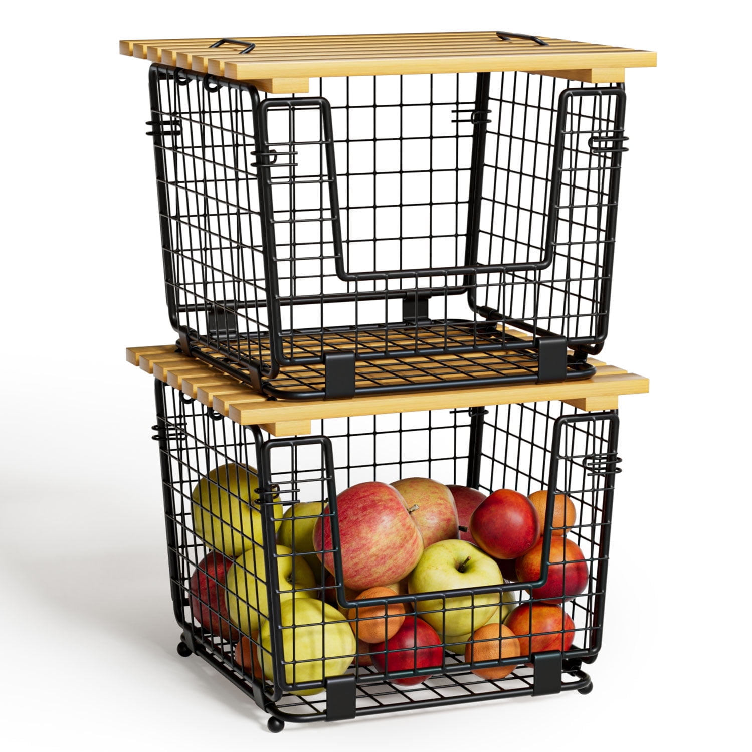 Stackable Fruit Baskets with Bamboo Top: 2 Pack Pantry Organizer for ...