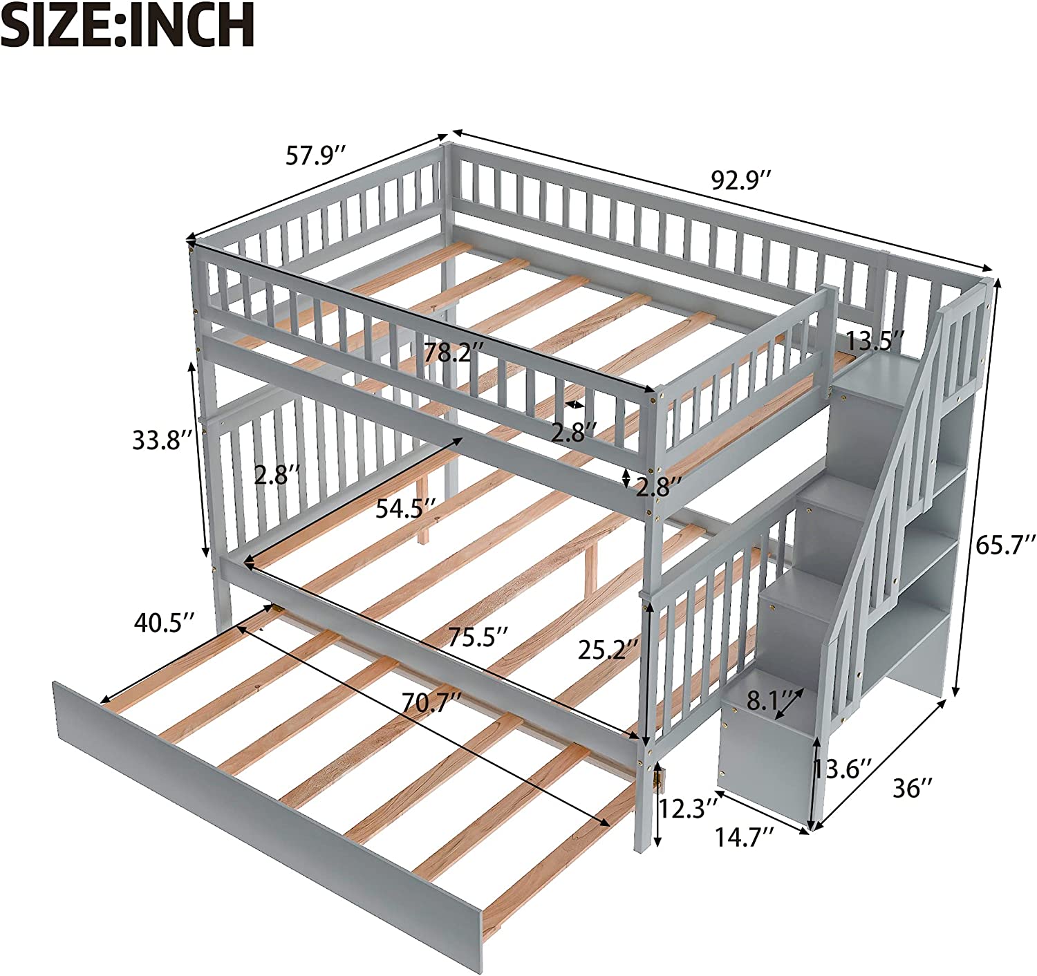 Stackable Full Over Full Bunk Bed with Trundle, Wood Stairway Storage ...