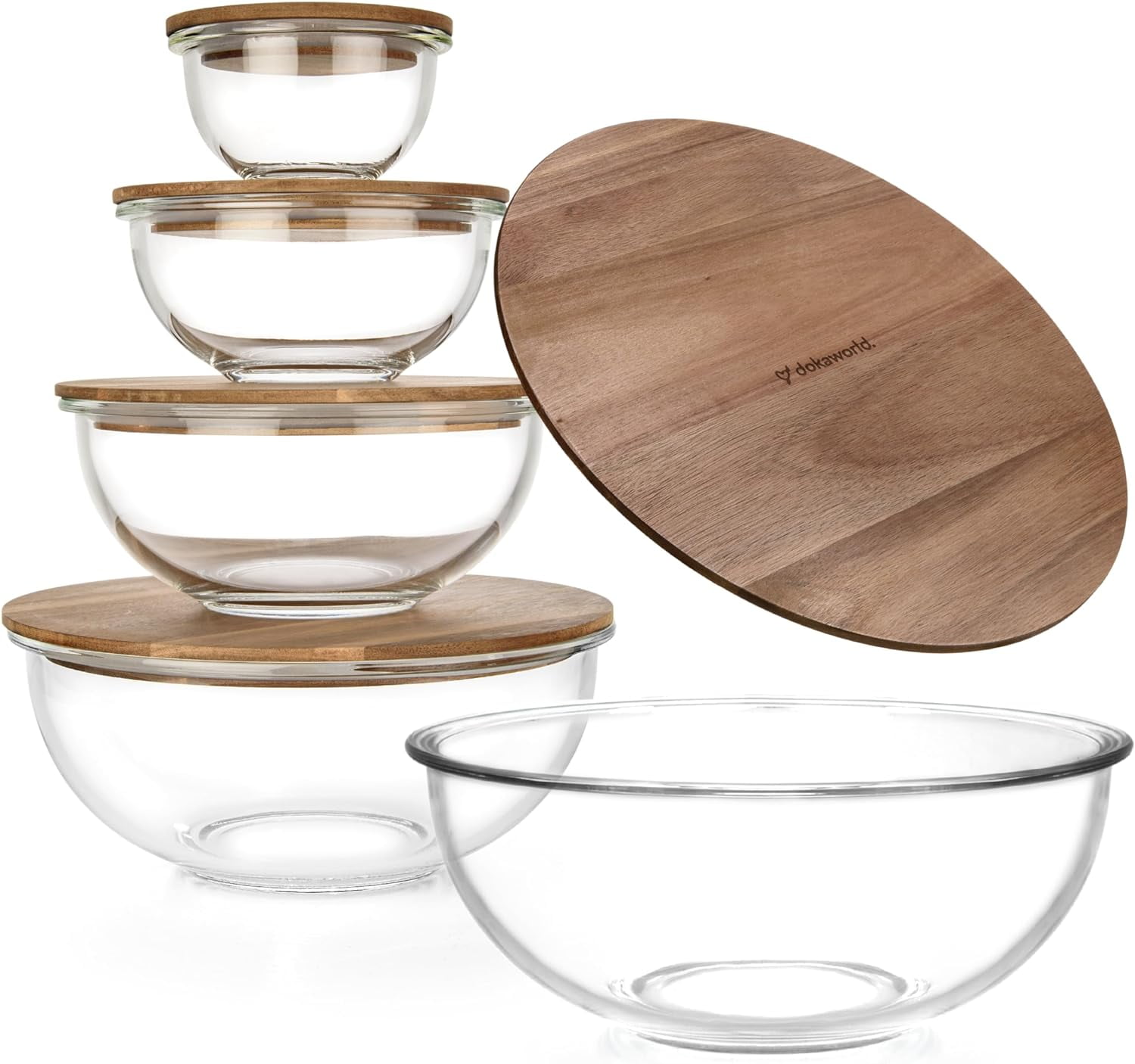Stackable Glass Mixing Bowl Set of 5 with Acacia Lids, Nesting ...
