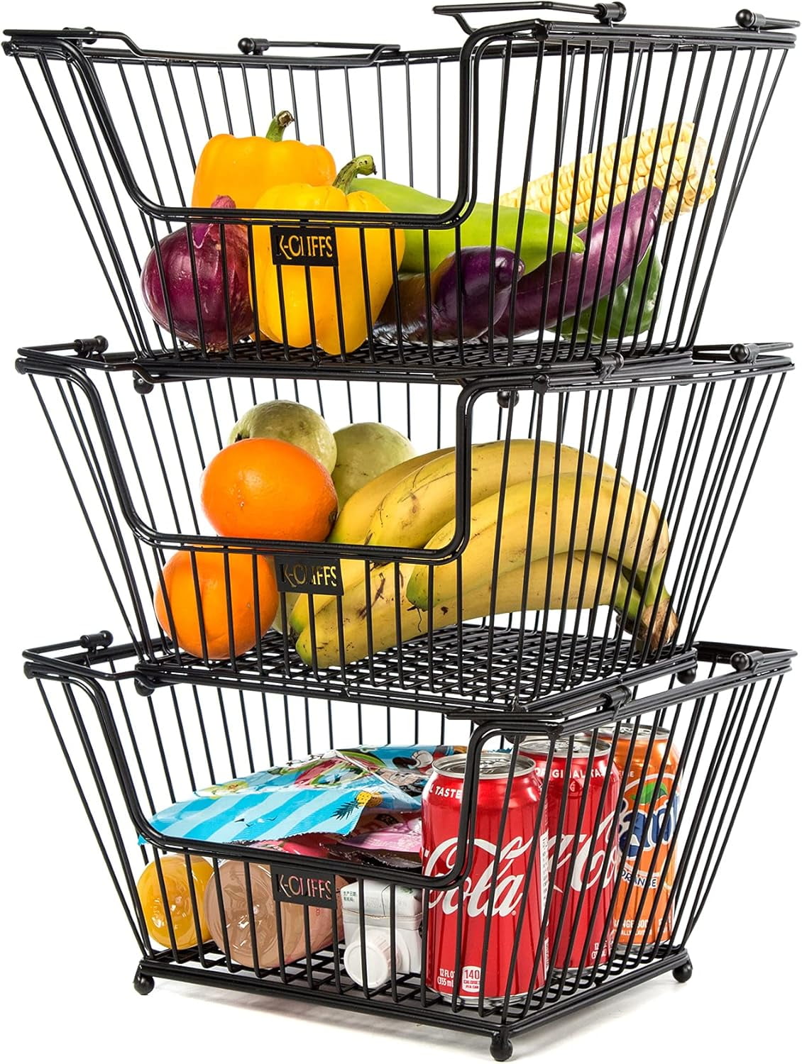 Stackable Kitchen Basket 3 Tier Metal Wire Stacking Grocery Storage ...