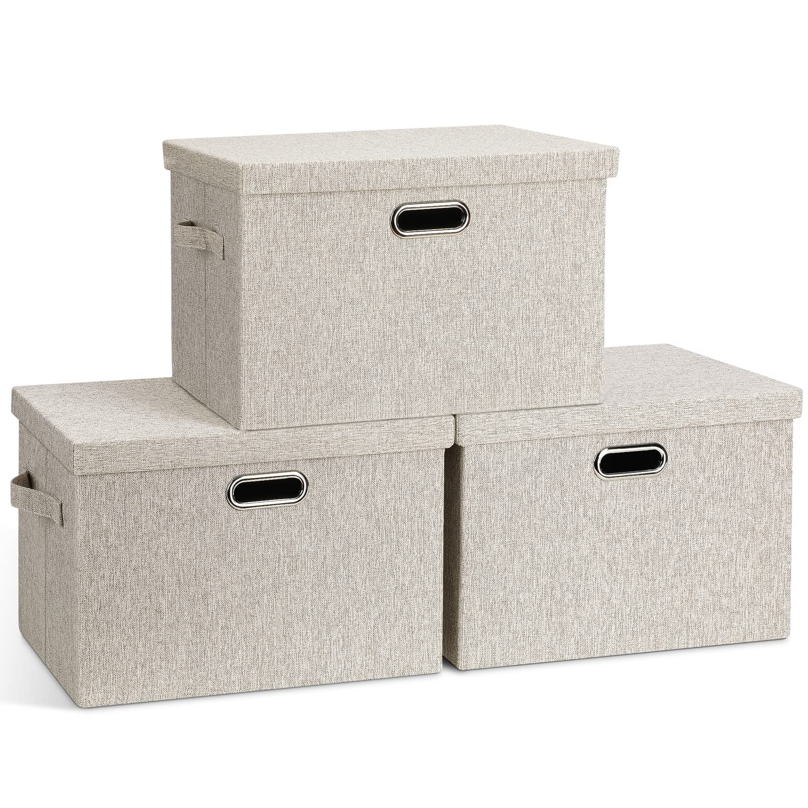 Stackable Linen Storage Bins with Lids, 3 Pack Foldable Closet ...